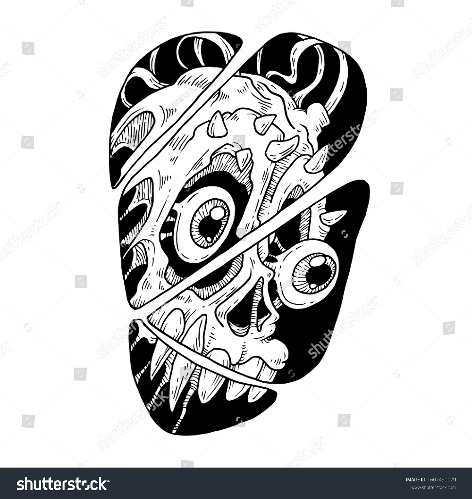 Crazy Skull Drawing Vector Design 스톡 벡터(로열티 프리) 1607490079