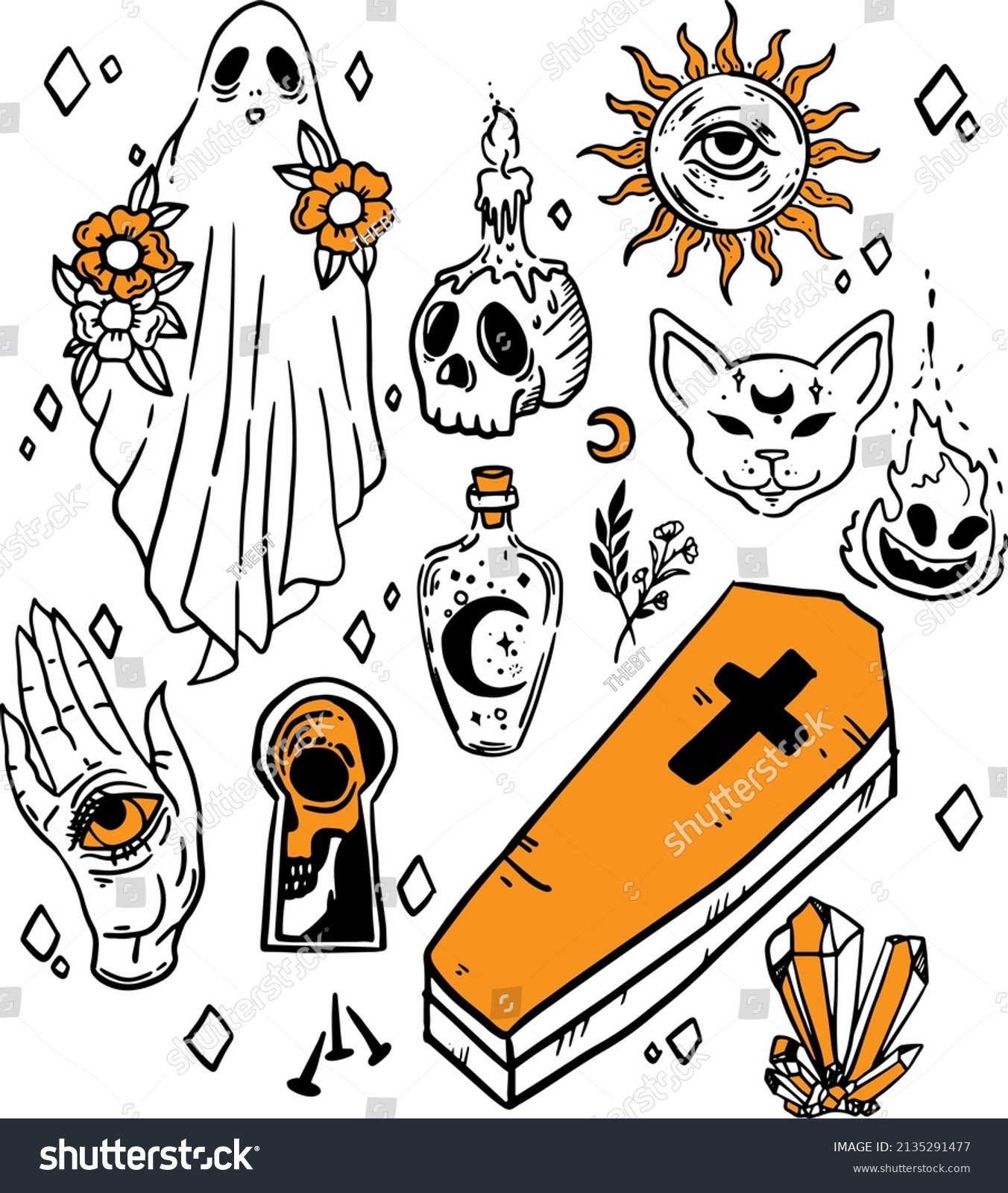 Cursed Objects Ghosts Coffins Skulls Devilish Stock Vector (Royalty ...