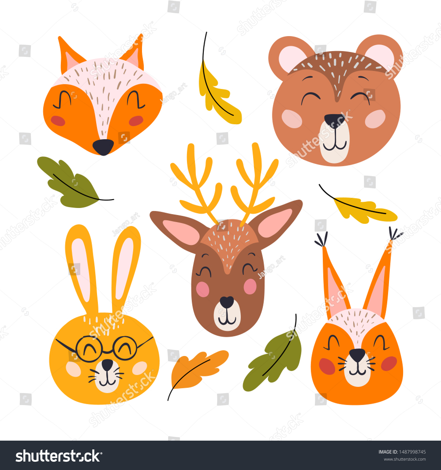Cute Autumn Forest Animals Faces Vector Stock Vector (Royalty Free ...