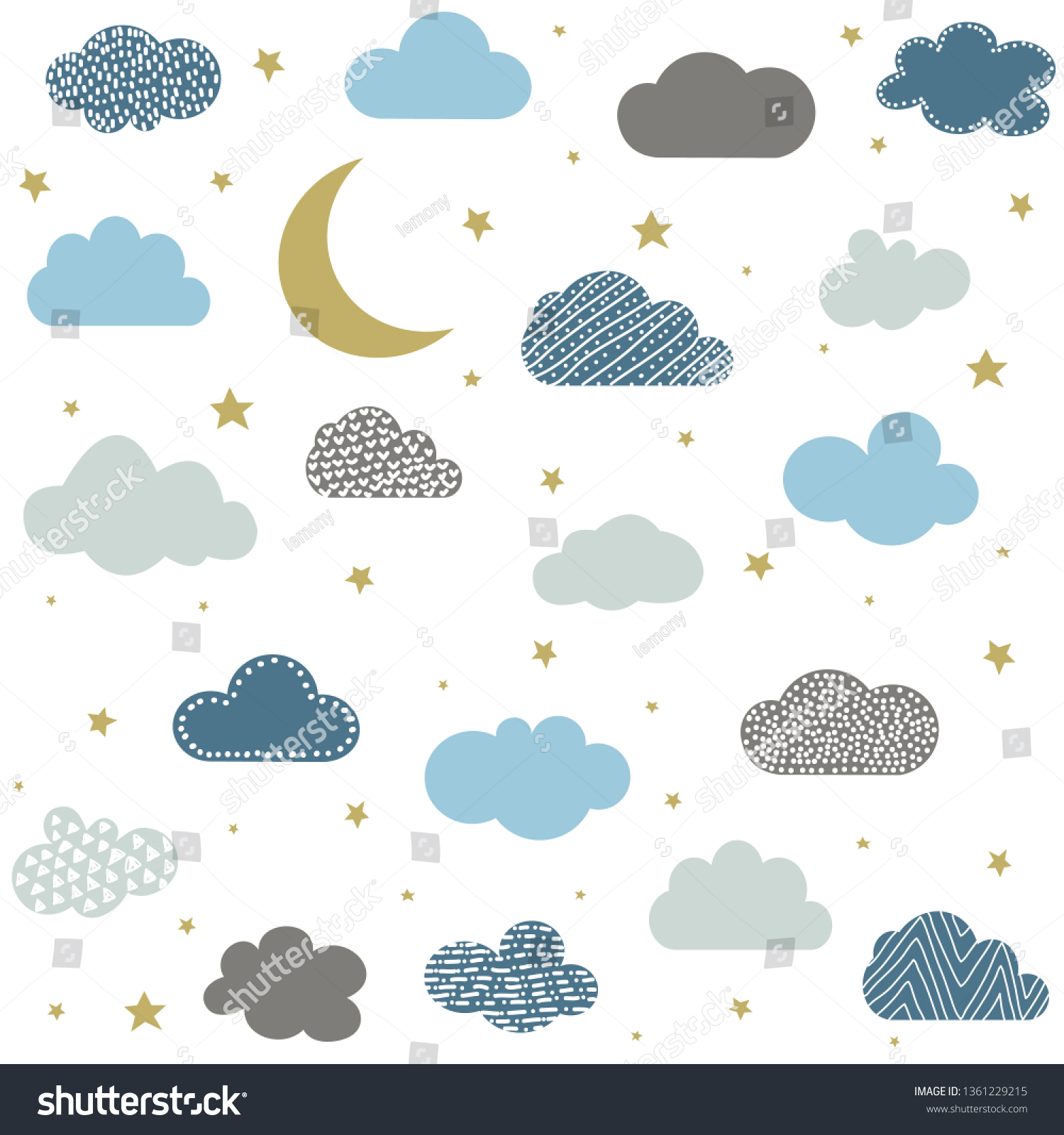 Cute Baby Clouds Stars Moon Pattern Stock Vector (Royalty Free) 1361229215