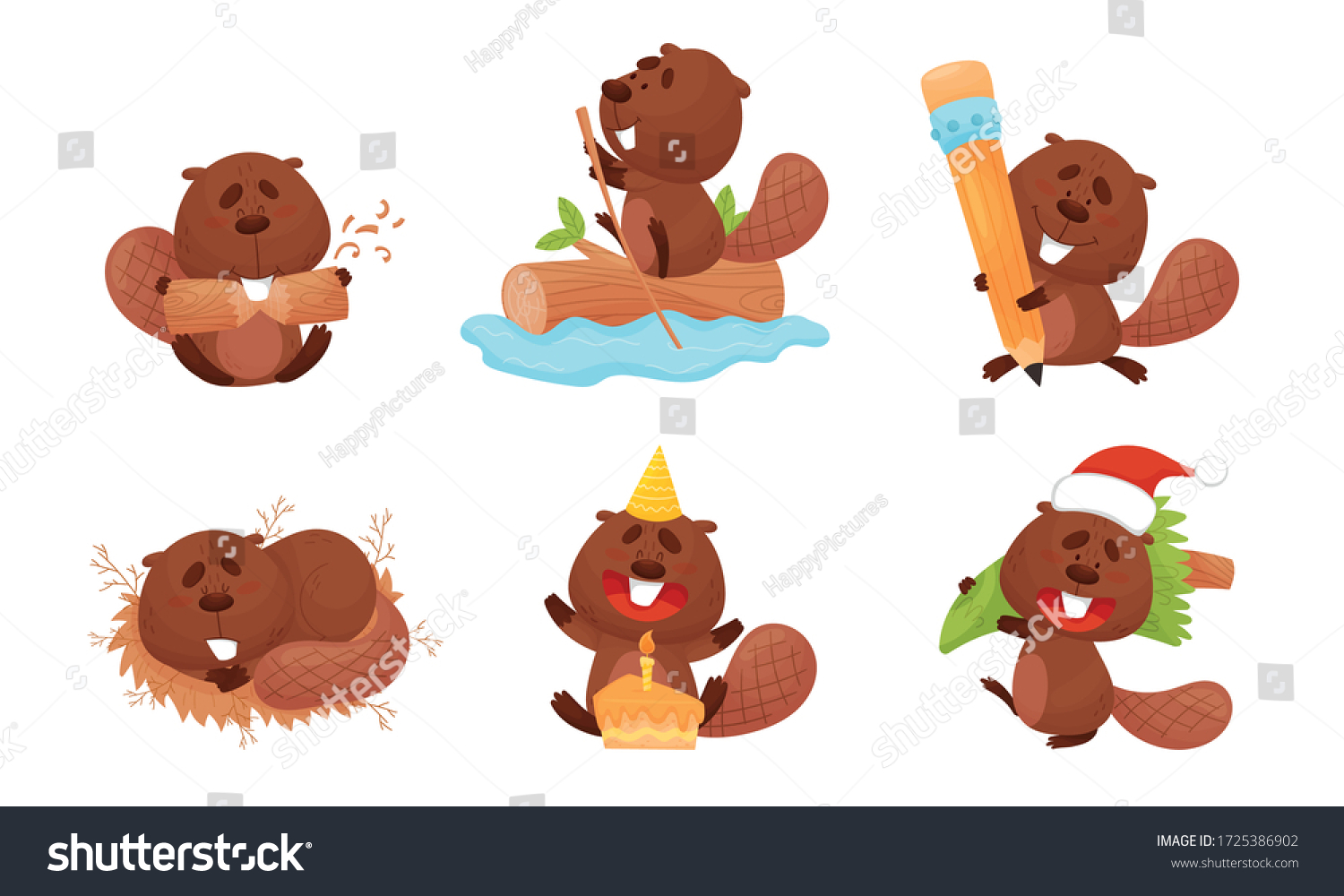 Cute Beaver Character Engaged Different Activity Stock Vector (Royalty ...