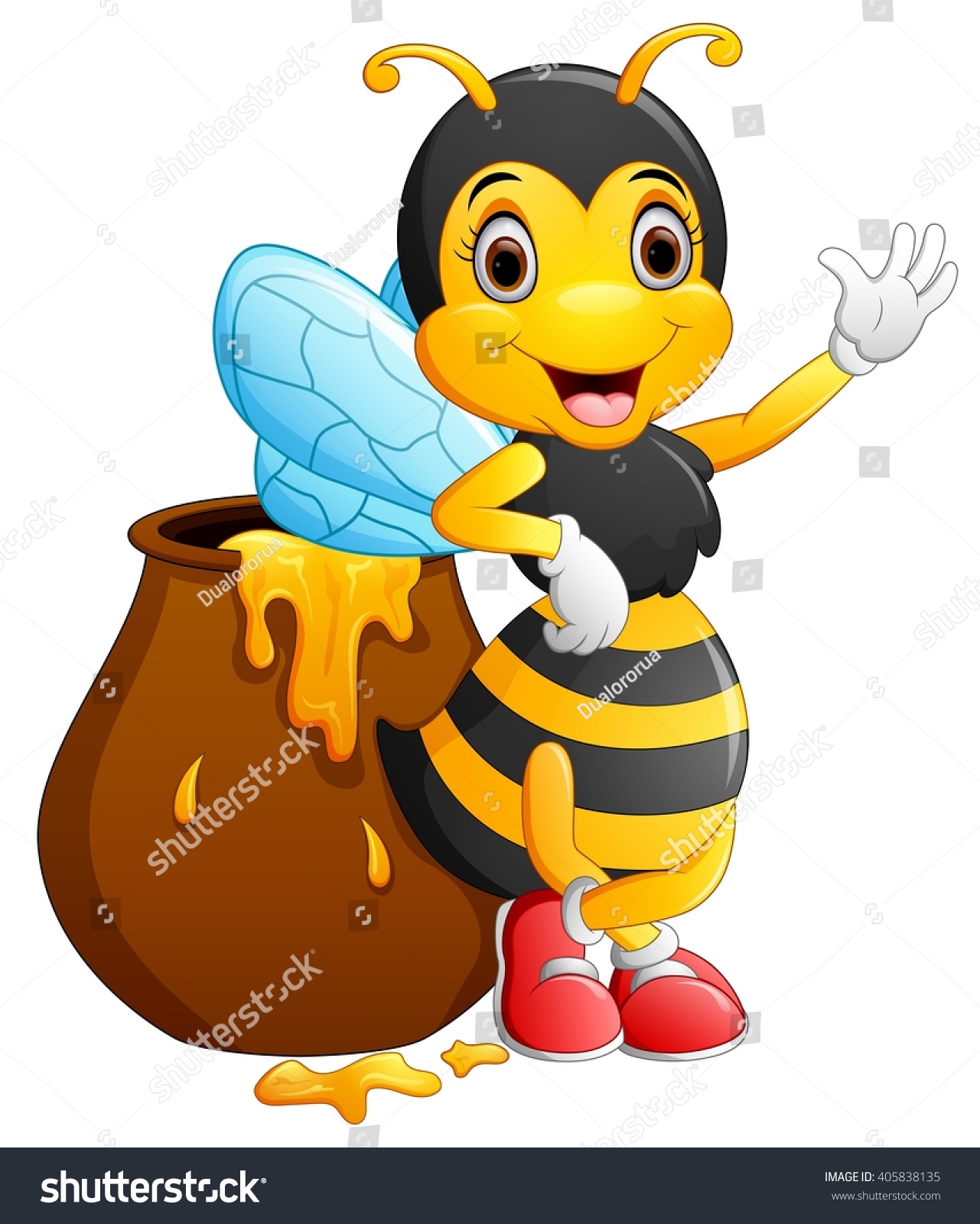 Cute Bee Cartoon Waving: เวกเตอร์สต็อก (ปลอดค่าลิขสิทธิ์) 405838135