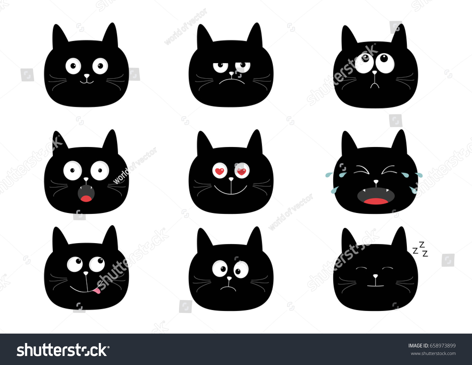 Cute Black Cat Set Funny Cartoon เวกเตอร์สต็อก ปลอดค่าลิขสิทธิ์