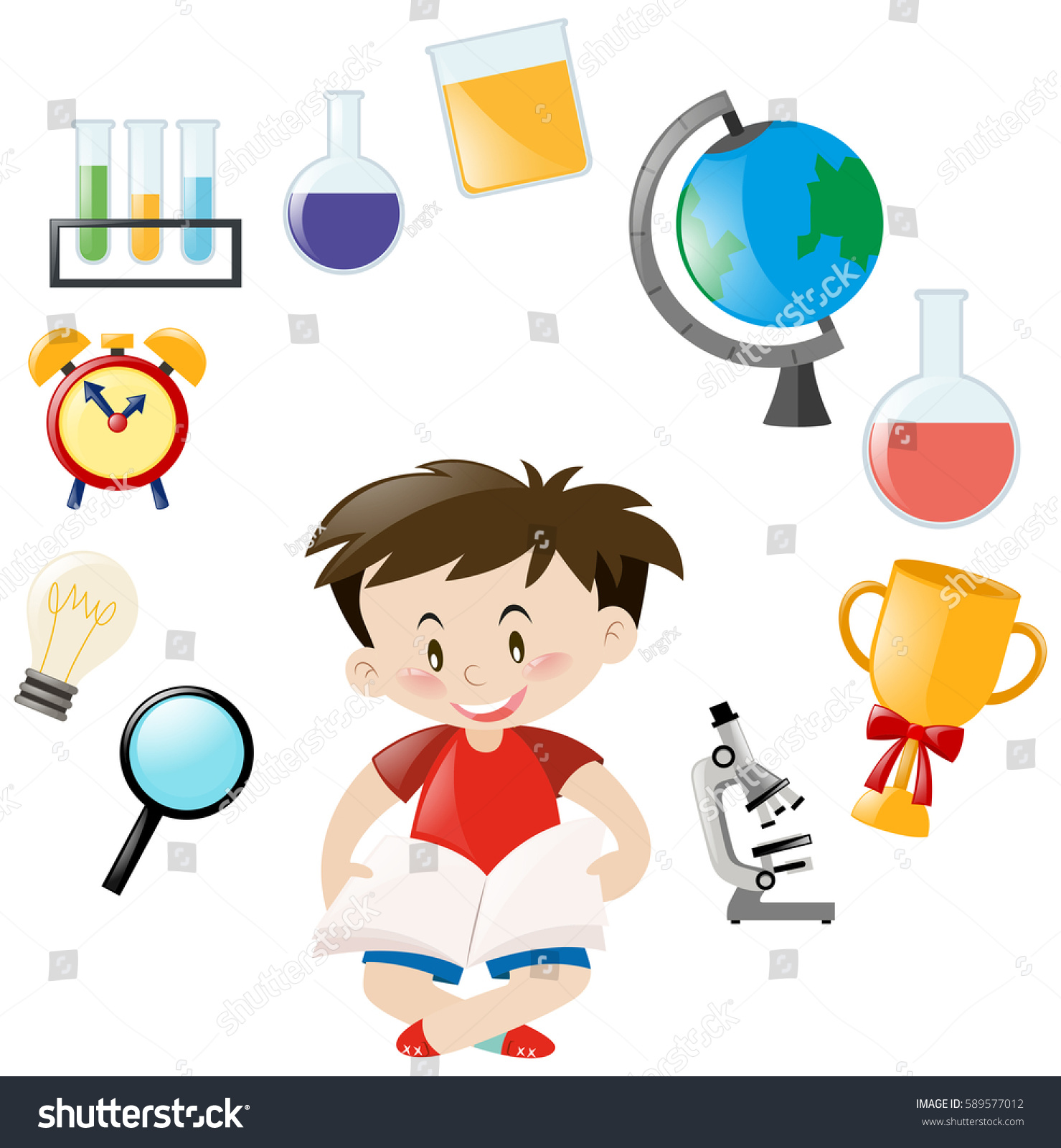 Cute Boy Different School Objects Illustration Stock Vector (Royalty ...