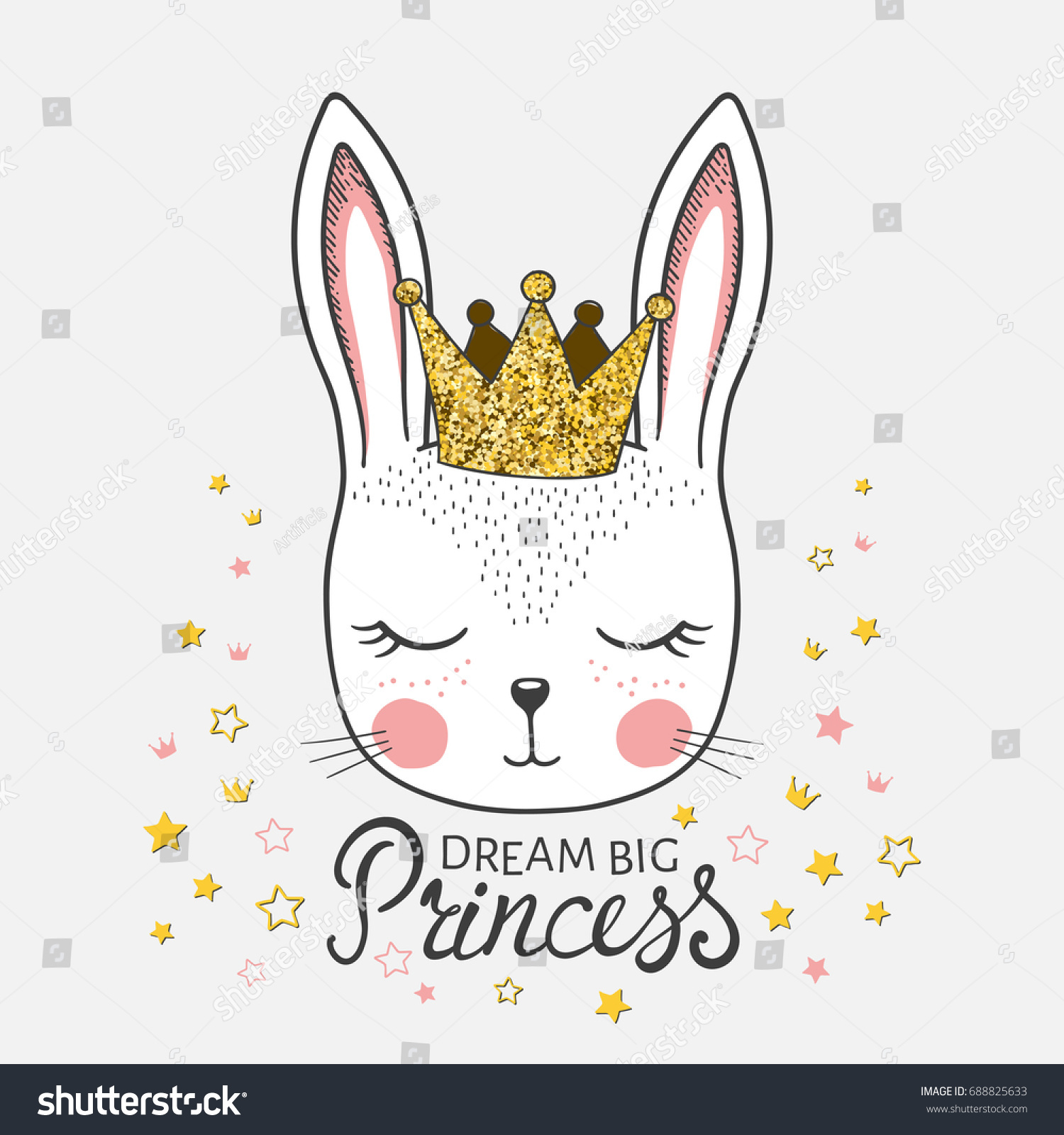 Cute Bunny Girl Crown Dream Big Stock Vector Royalty Free 688825633