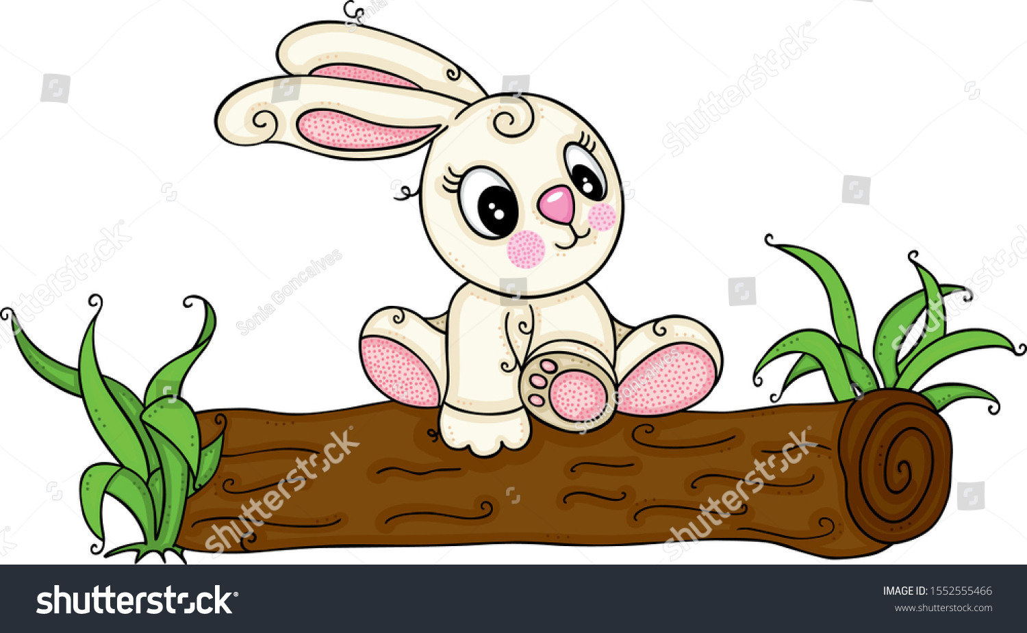 Cute Bunny On Tree Stump Trunk: vector de stock (libre de regalías ...