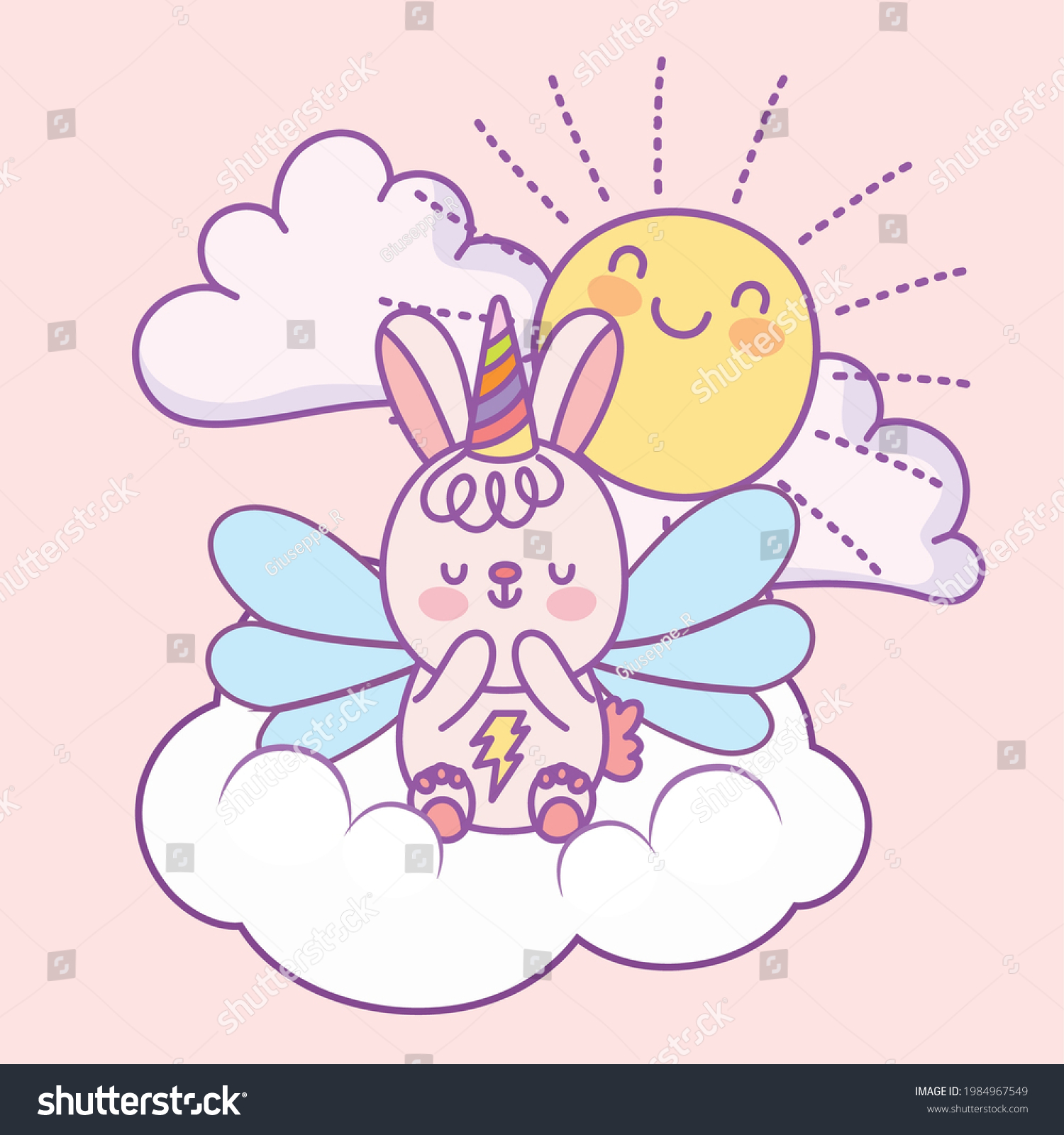 Cute Bunny Wings Sun Clouds Stock Vector (Royalty Free) 1984967549