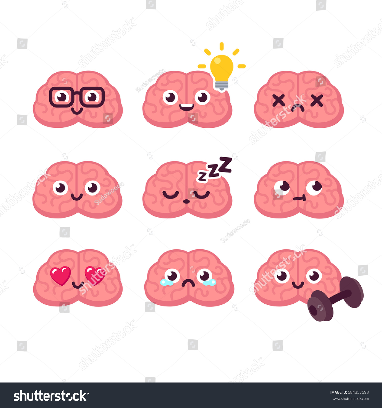Cute Cartoon Brain Emoticons Set 스톡 벡터(사용료 없음) 584357593 - Shutterstock