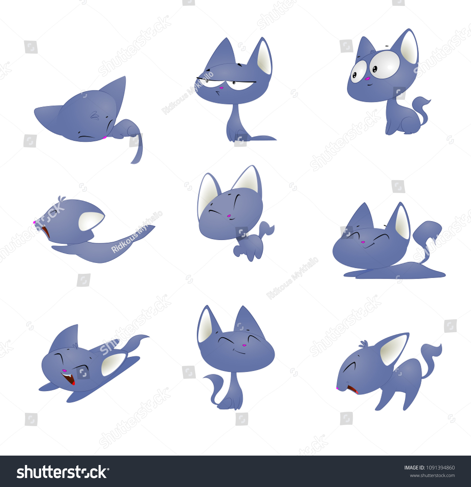 Cute Cartoon Cat Different Poses Vector เวกเตอร์สต็อก ปลอดค่า