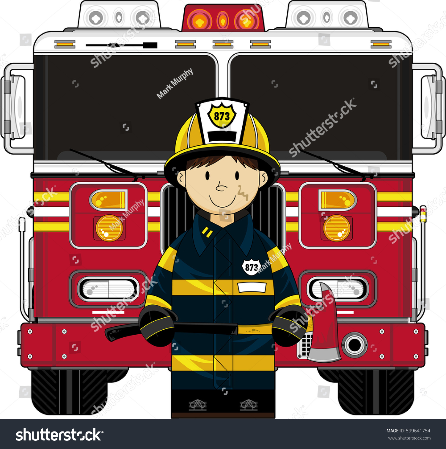 Cute Cartoon Fireman Fire Engine Stock Vector (Royalty Free) 599641754 ...