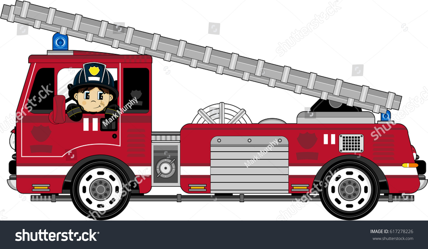 Cute Cartoon Fireman Fire Engine Stock Vector (Royalty Free) 617278226