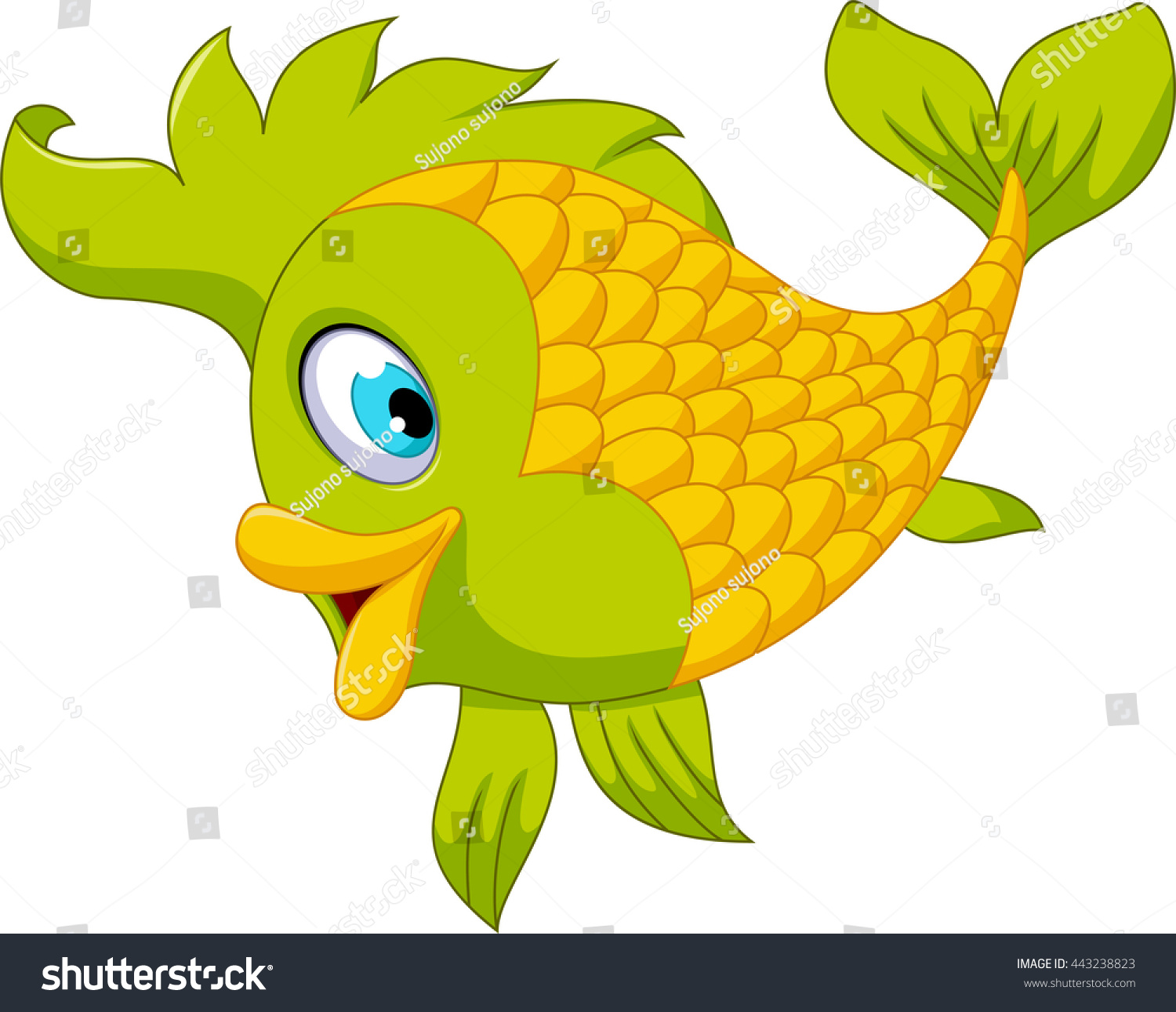 Cute Cartoon Green Fish Posing Stock Vector (Royalty Free) 443238823