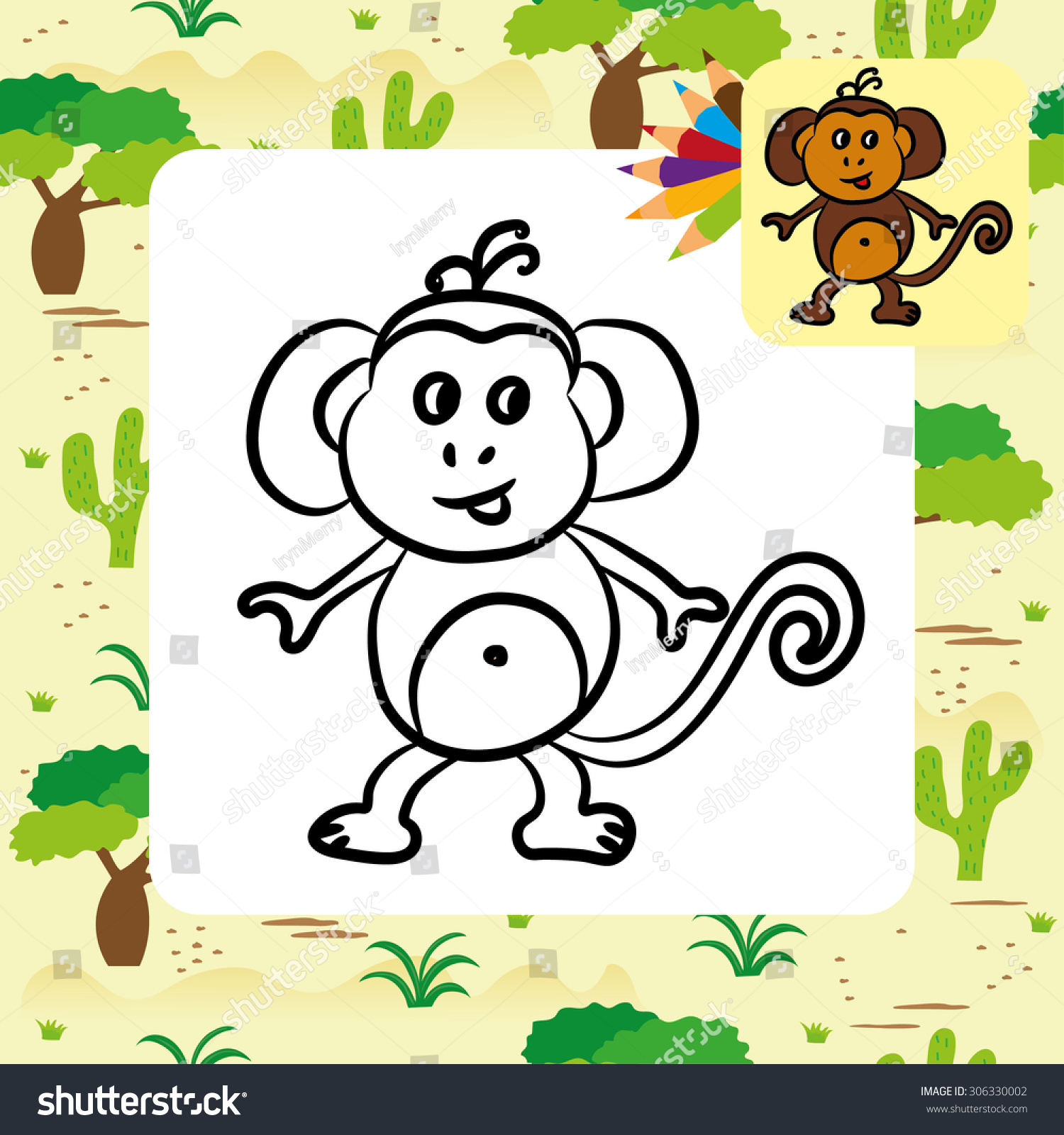 Cute Cartoon Monkey Coloring Page Vector: เวกเตอร์สต็อก (ปลอดค่า ...