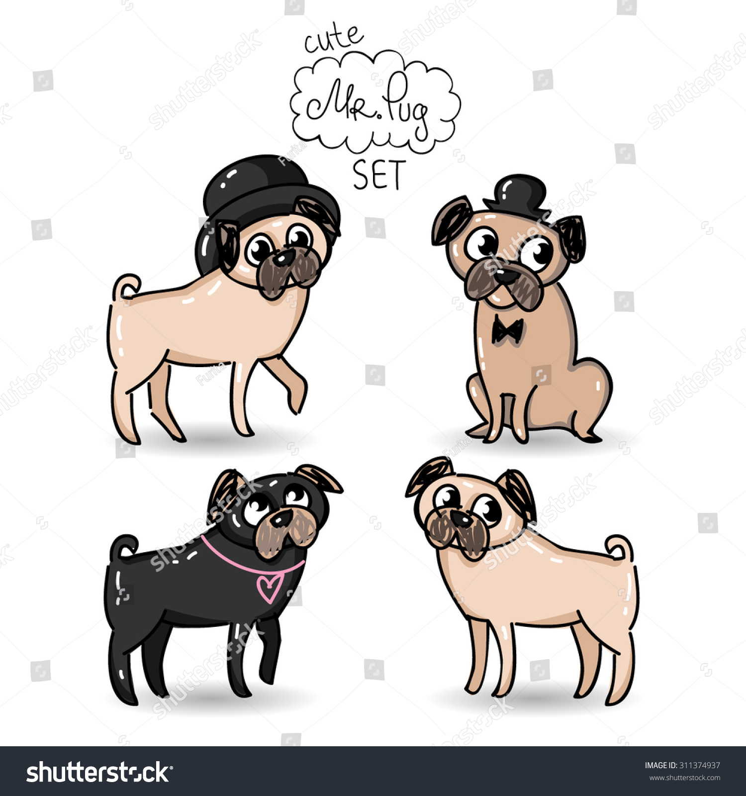 Cute Cartoon Pugs Vector Set Stock Vector (Royalty Free) 311374937