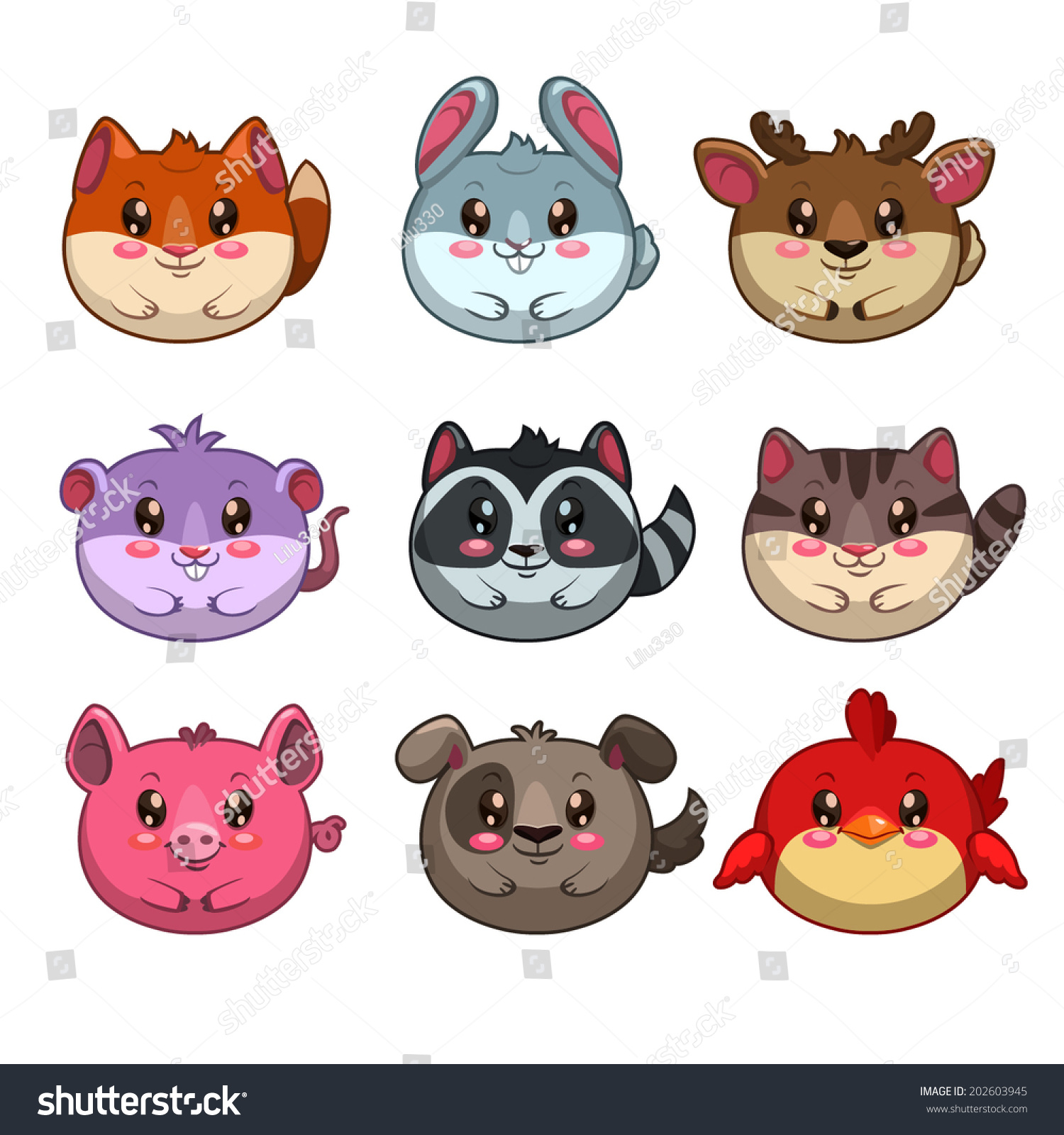 Cute Cartoon Round Animals Isolated Vector: เวกเตอร์สต็อก (ปลอดค่า ...