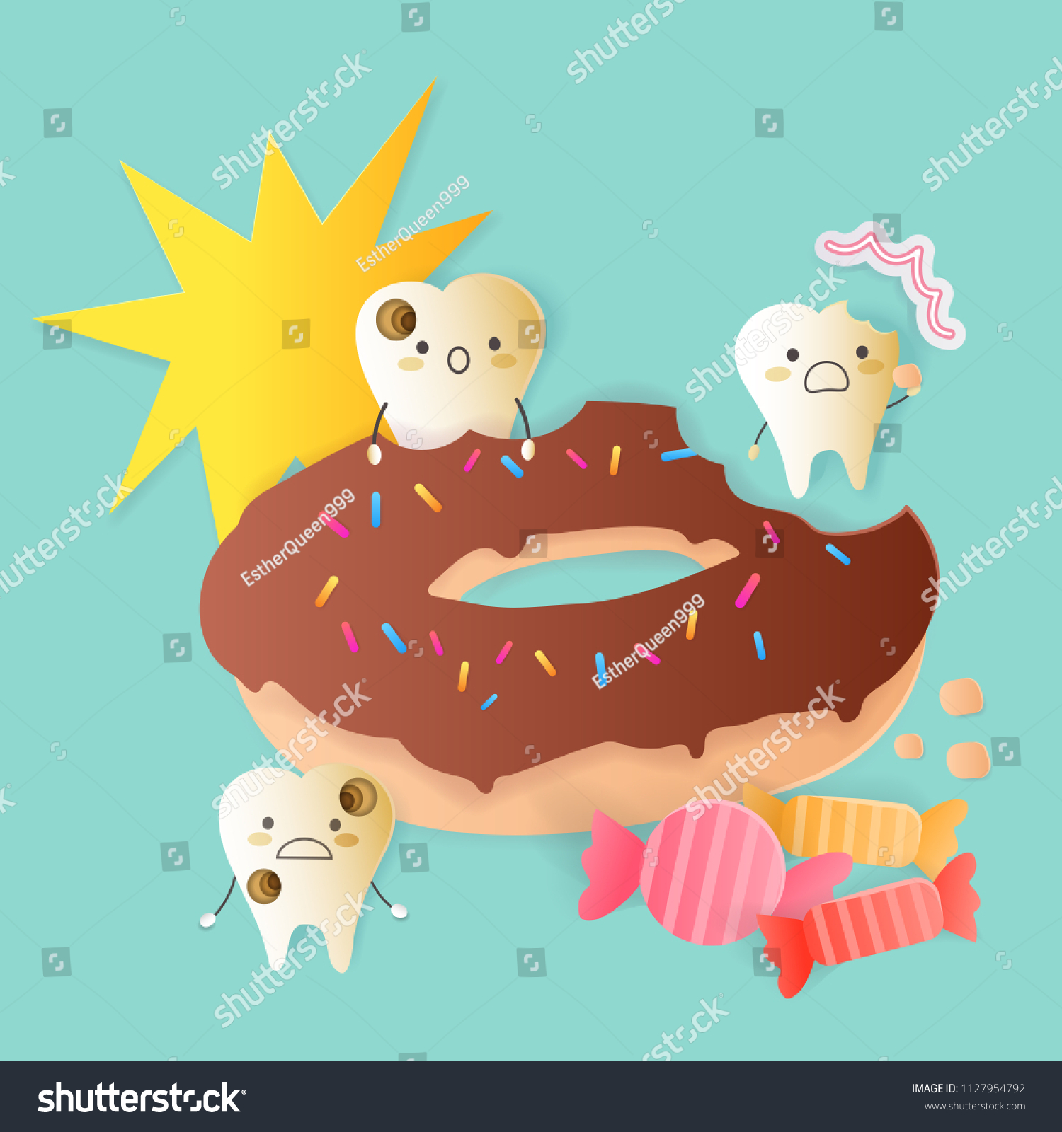 Cute Cartoon Tooth Decay Problem Donut: vector de stock (libre de ...