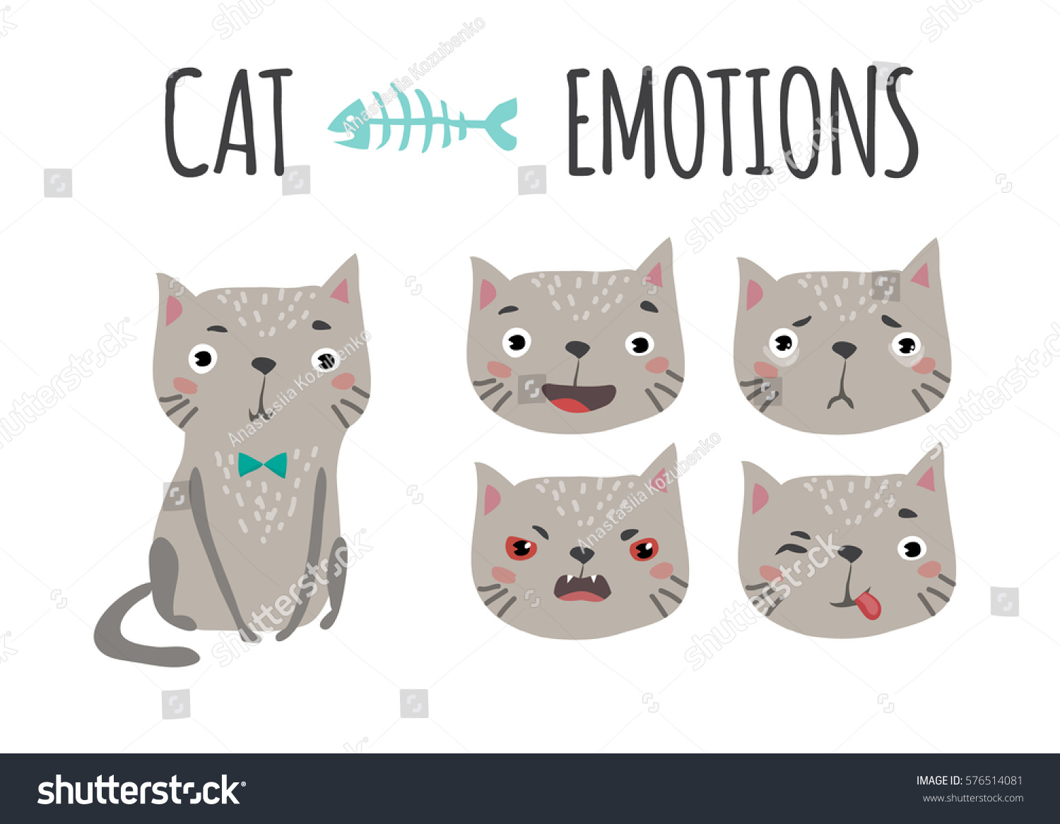 Cute Cat Set Emotions เวกเตอร์สต็อก ปลอดค่าลิขสิทธิ์ 576514081