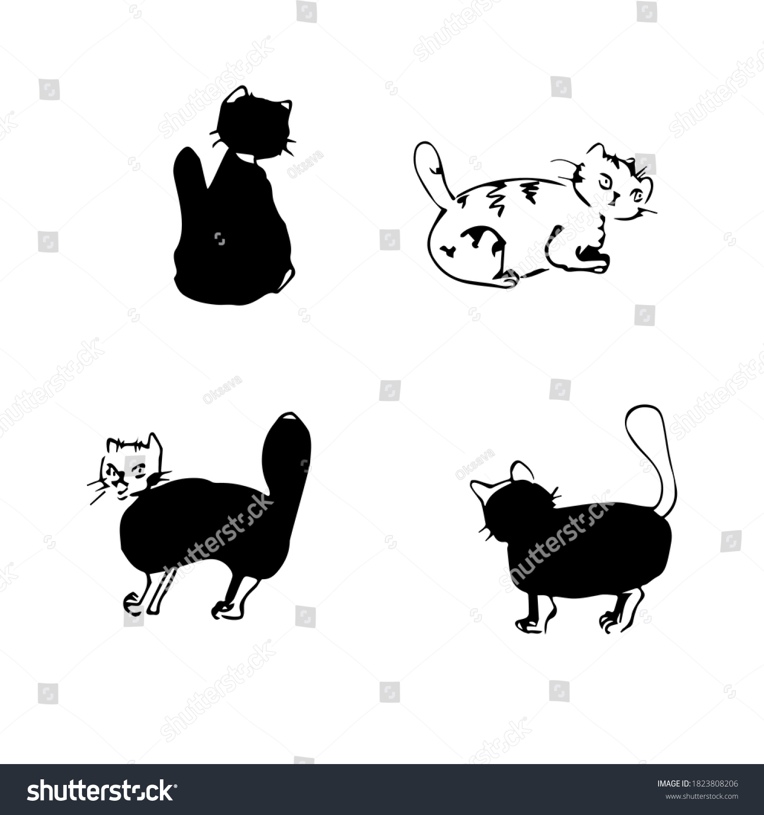 Cute Cats Different Poses Vector Linear Stock Vector (Royalty Free ...