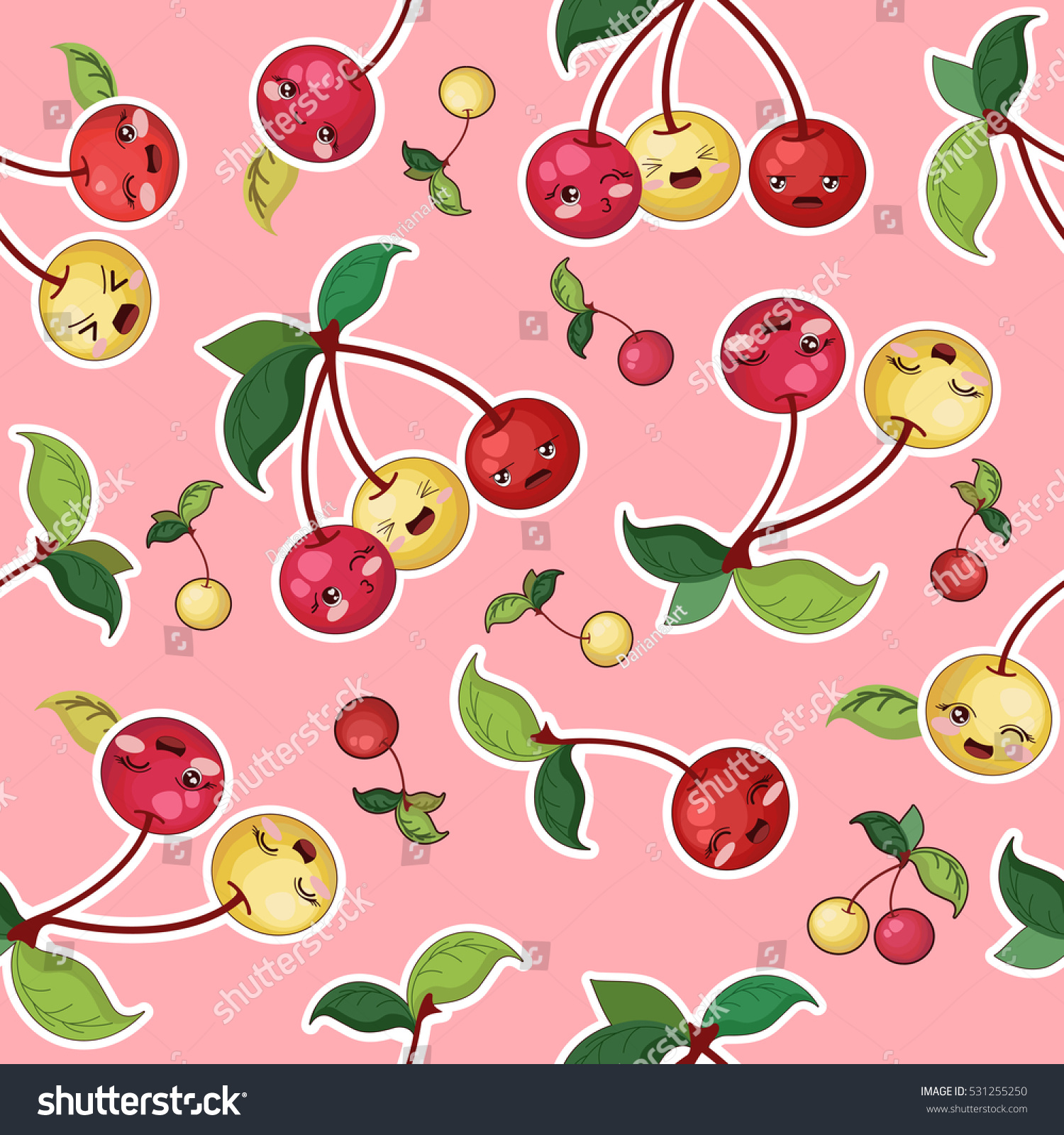 Cute Cherry Cartoon Characters Seamless Pattern Stock Vector (Royalty ...