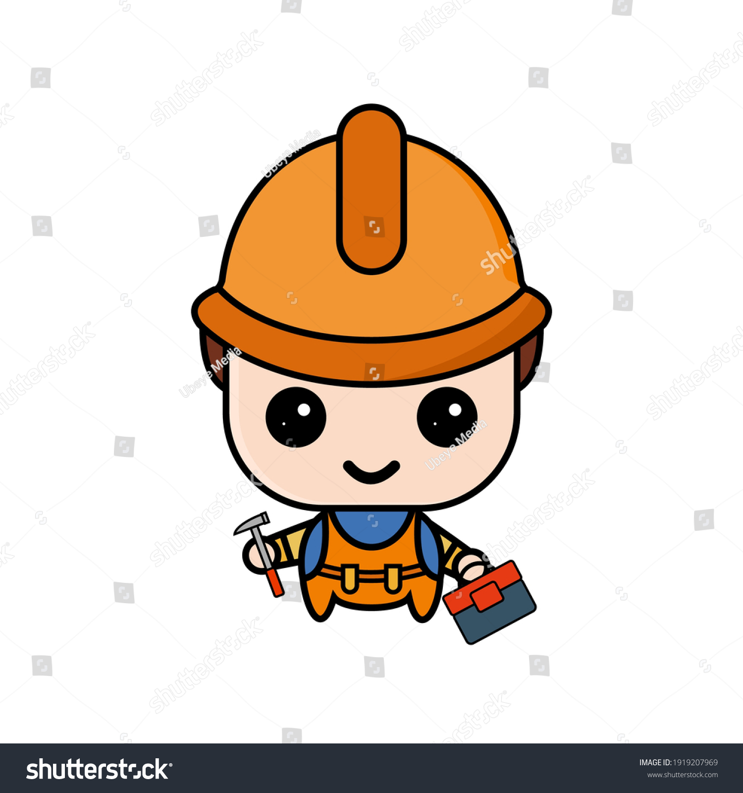 Vektor Stok Cute Construction Worker Cartoon Character Vector (Tanpa ...