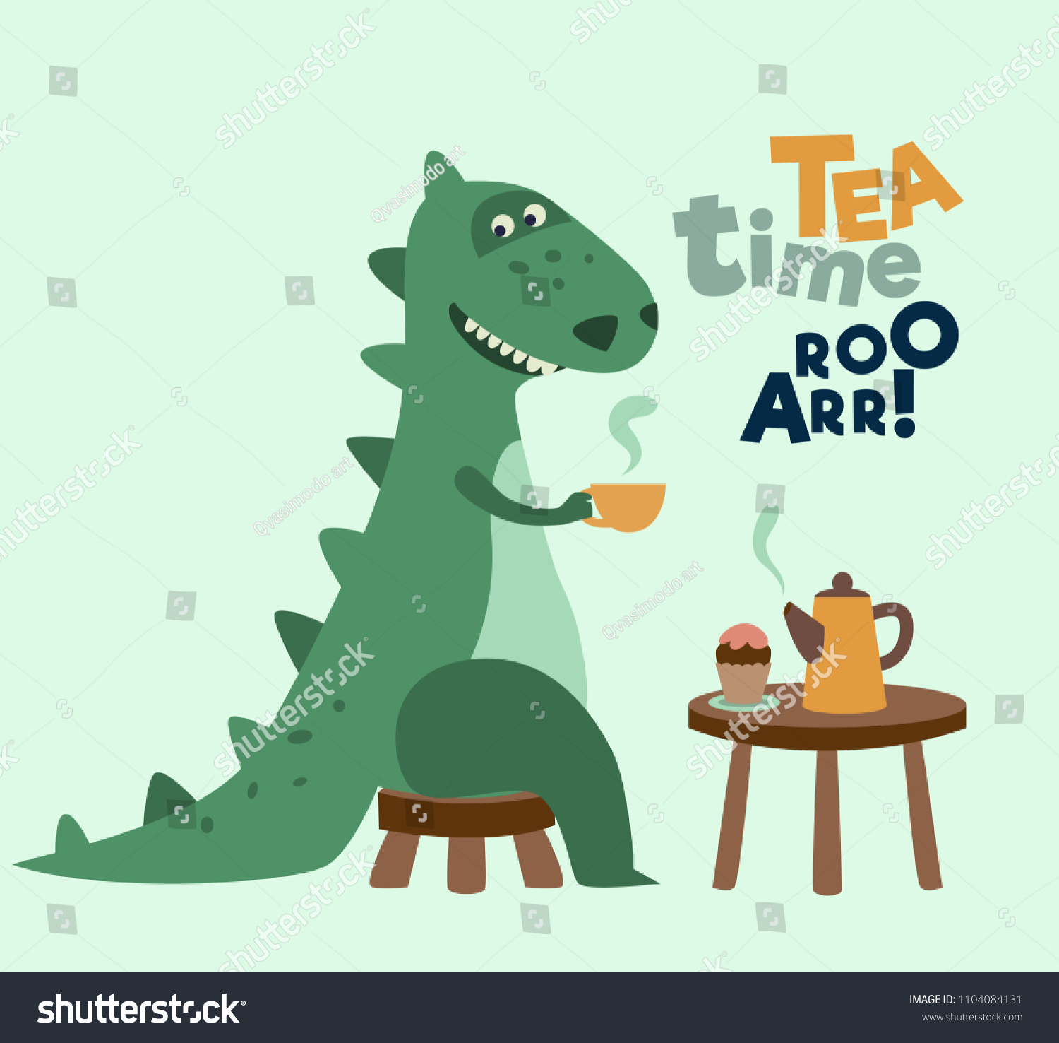 Cute Dinosaur Drinking Tea On Table Stock Vector (Royalty Free) 1104084131