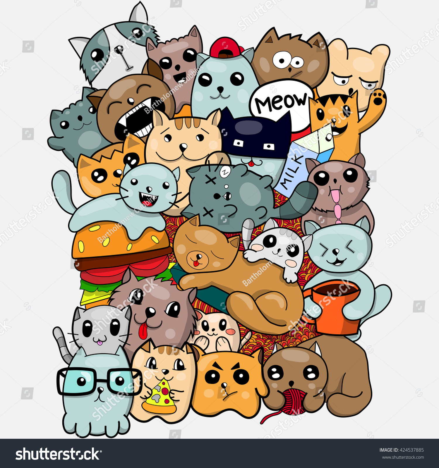 Cute Doodle Cat Background Stock Vector (Royalty Free) 424537885