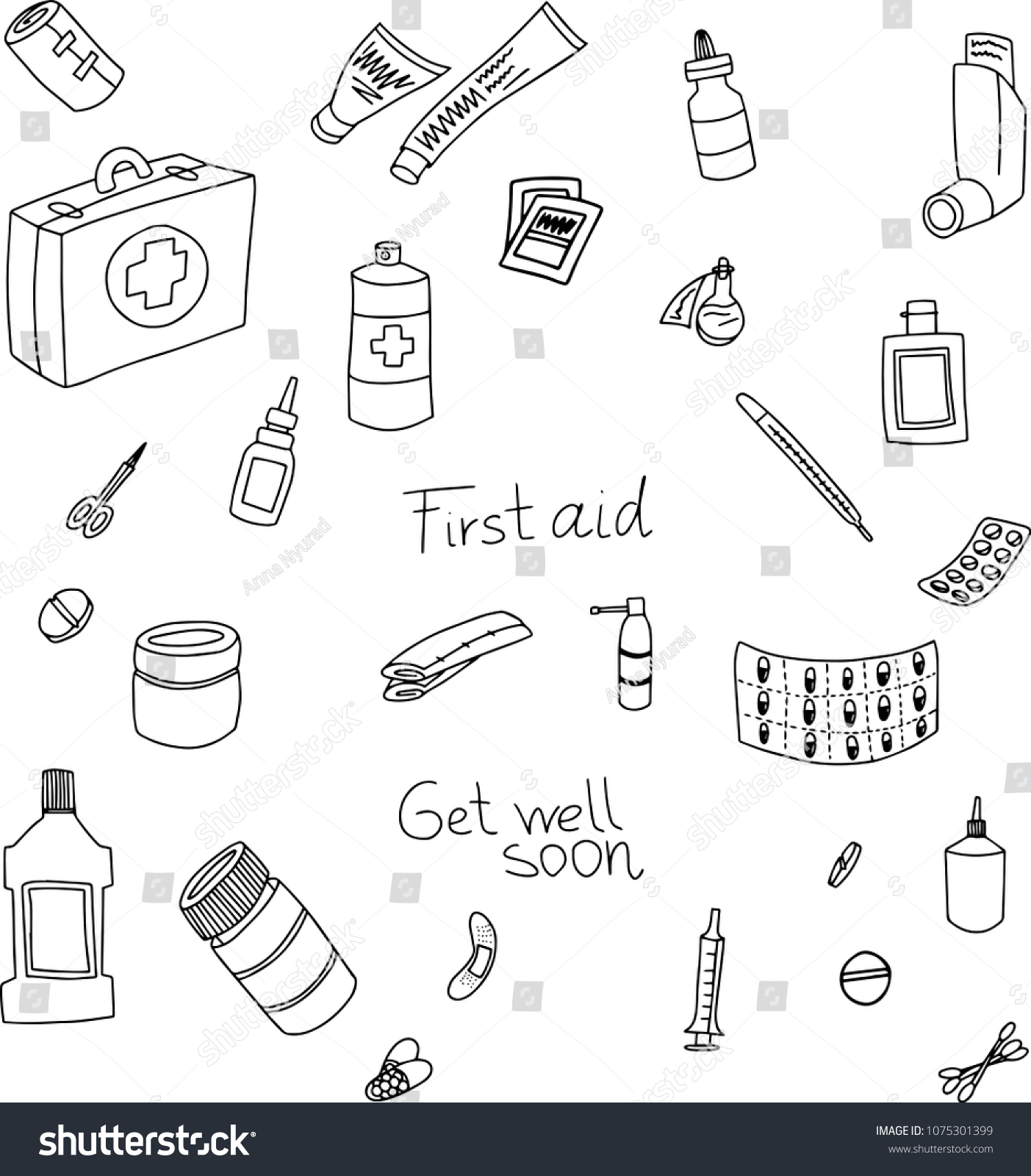 Cute Doodle First Aid Vector Set Stock Vector (Royalty Free) 1075301399 ...