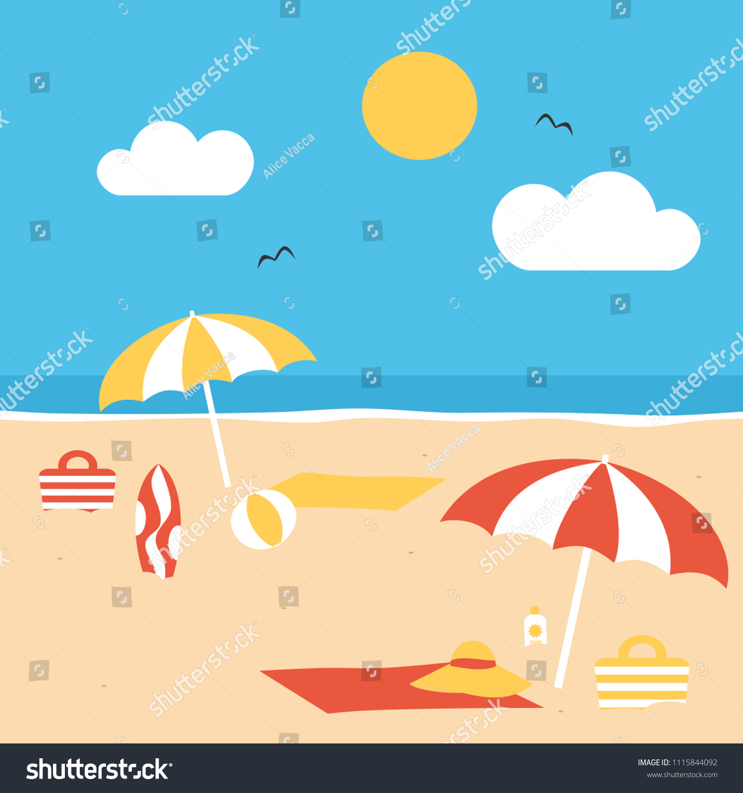 Cute Flat Cartoon Vector Summer Beach: เวกเตอร์สต็อก (ปลอดค่าลิขสิทธิ์ ...