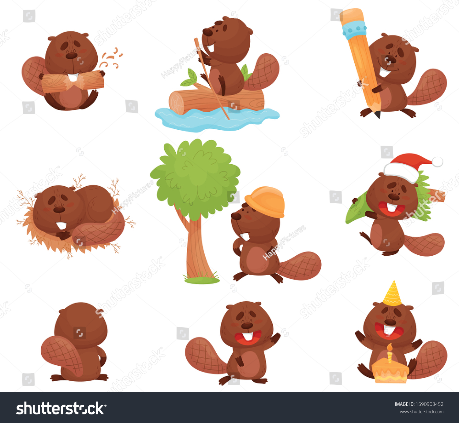 Cute Funny Beaver Character Different Actions Stock Vector (Royalty ...