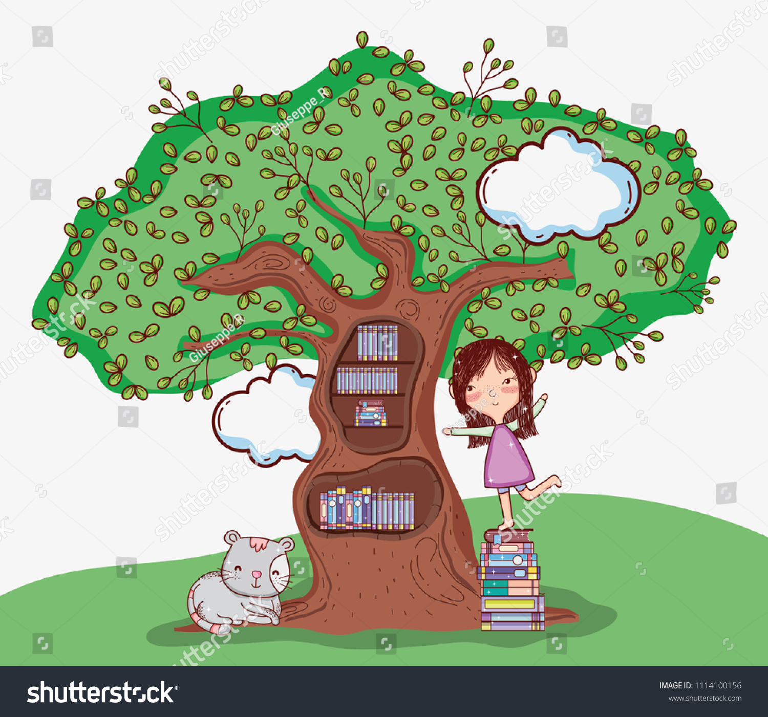 Cute Girl Tree Library Stock Vector (Royalty Free) 1114100156 ...