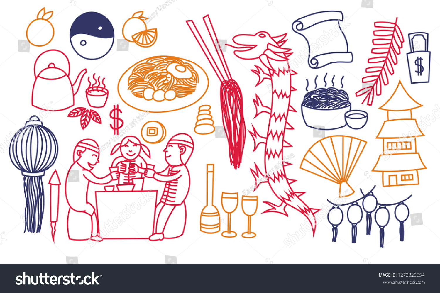 Cute Happy Chinese New Year Doodle Stock Vector (Royalty Free) 1273829554