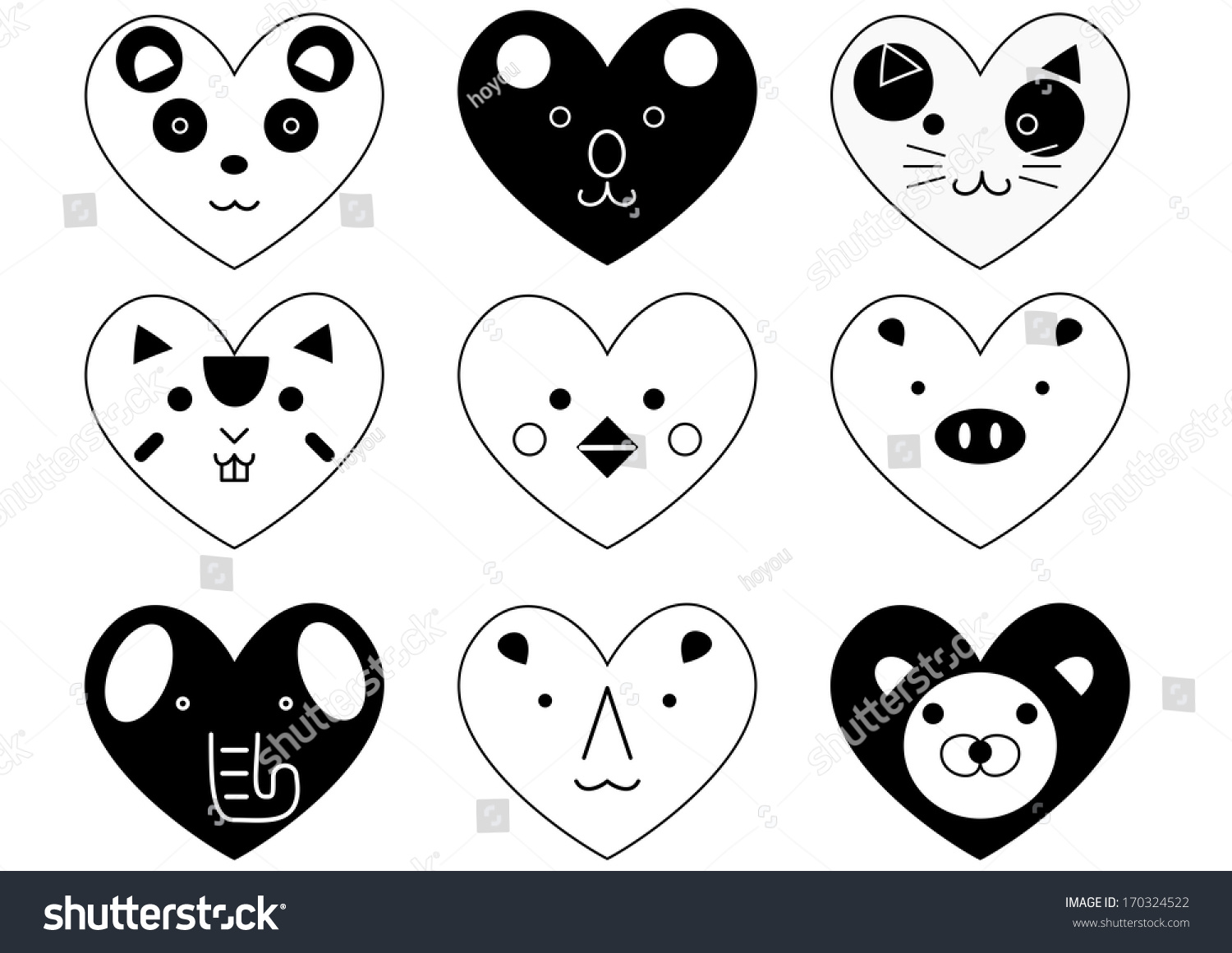 Cute Heart Shaped Animals Set Stock Vector (Royalty Free) 170324522