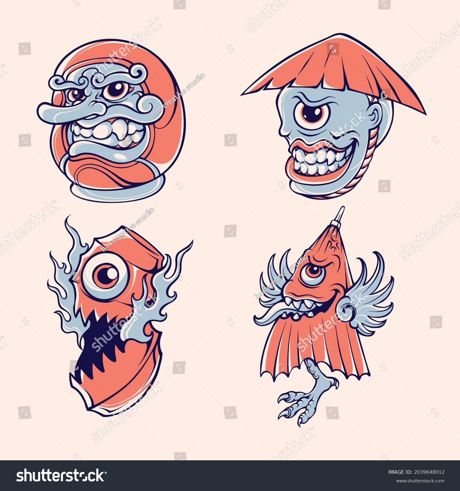 Cute Japanese Ghost Vector Set Stock Vector (Royalty Free) 2039648012