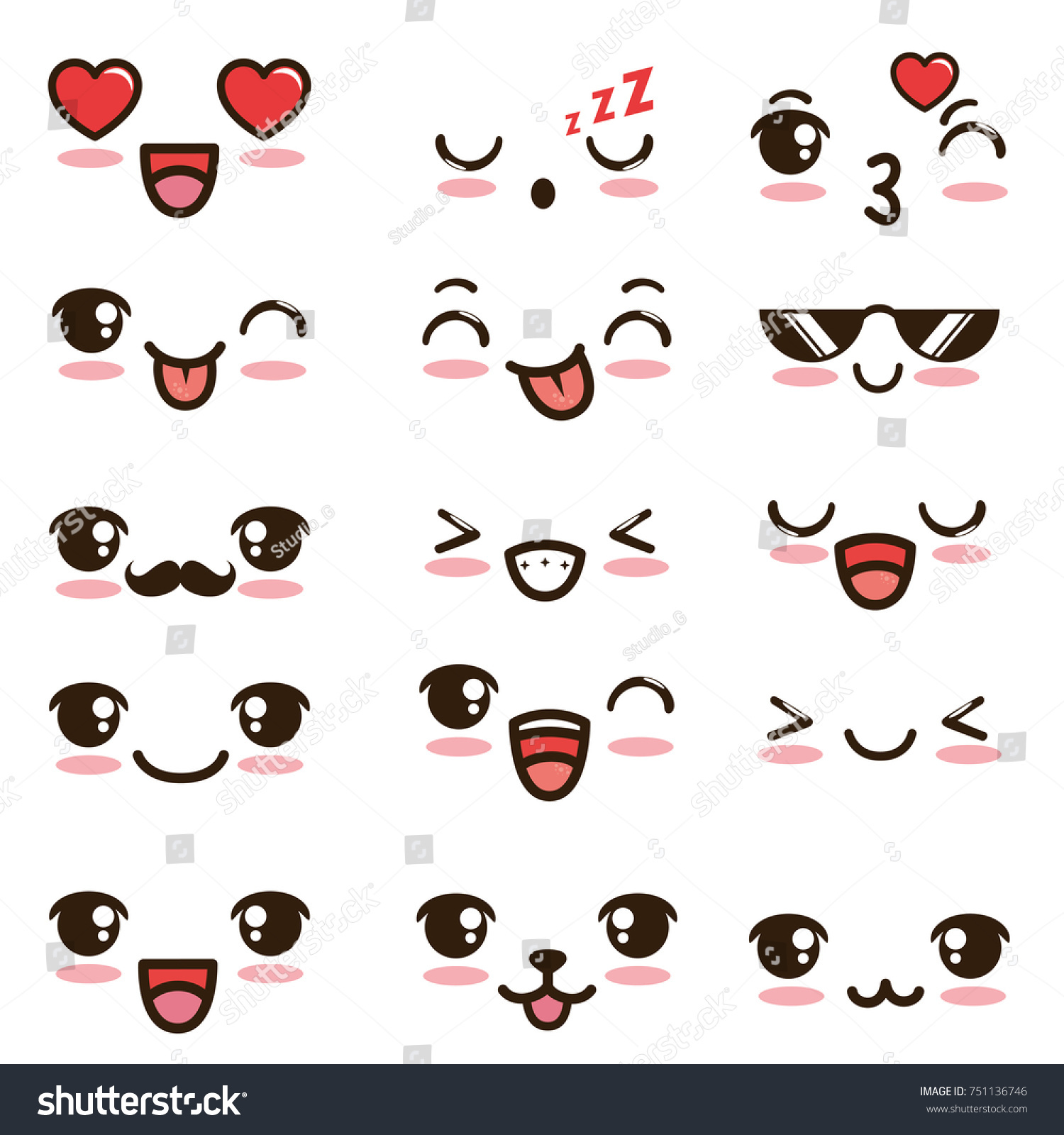 Cute Kawaii Emoticon Face Stock Vector (Royalty Free) 751136746 ...