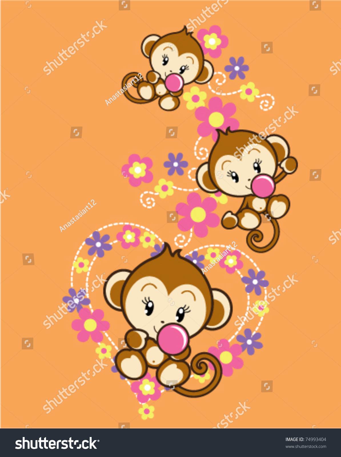 Cute Monkey Design Floral Border Stock Vector 74993404 - Shutterstock