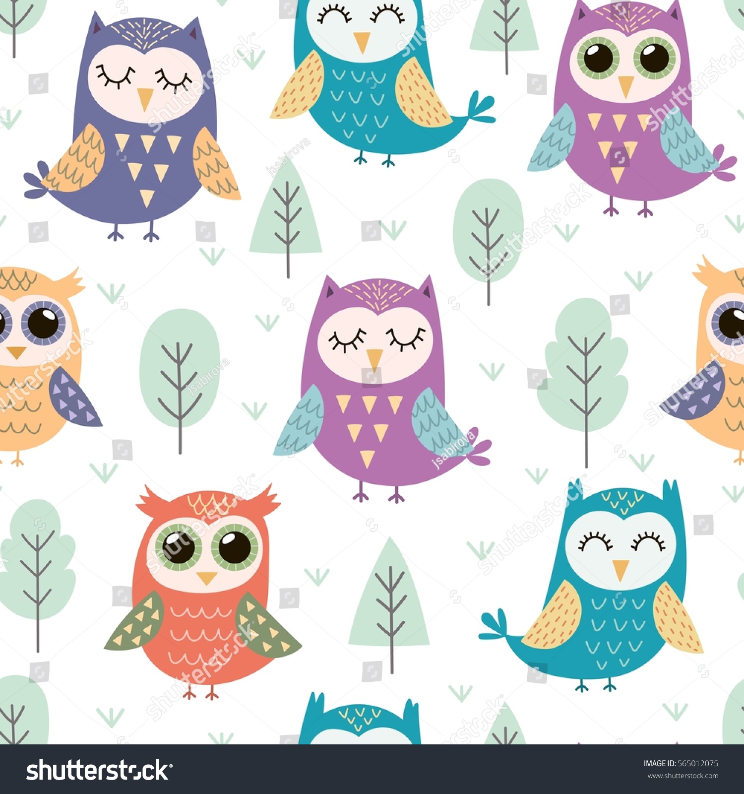 Cute Owls Seamless Pattern Funny Forest: Stock-Vektorgrafik (Lizenzfrei ...