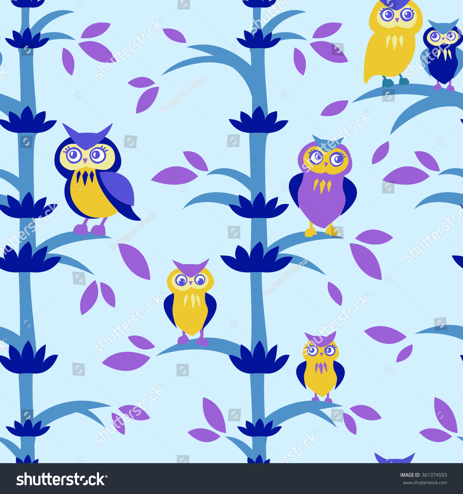Cute Owls Seating On Trees Seamless Stock Vector (Royalty Free) 361374593