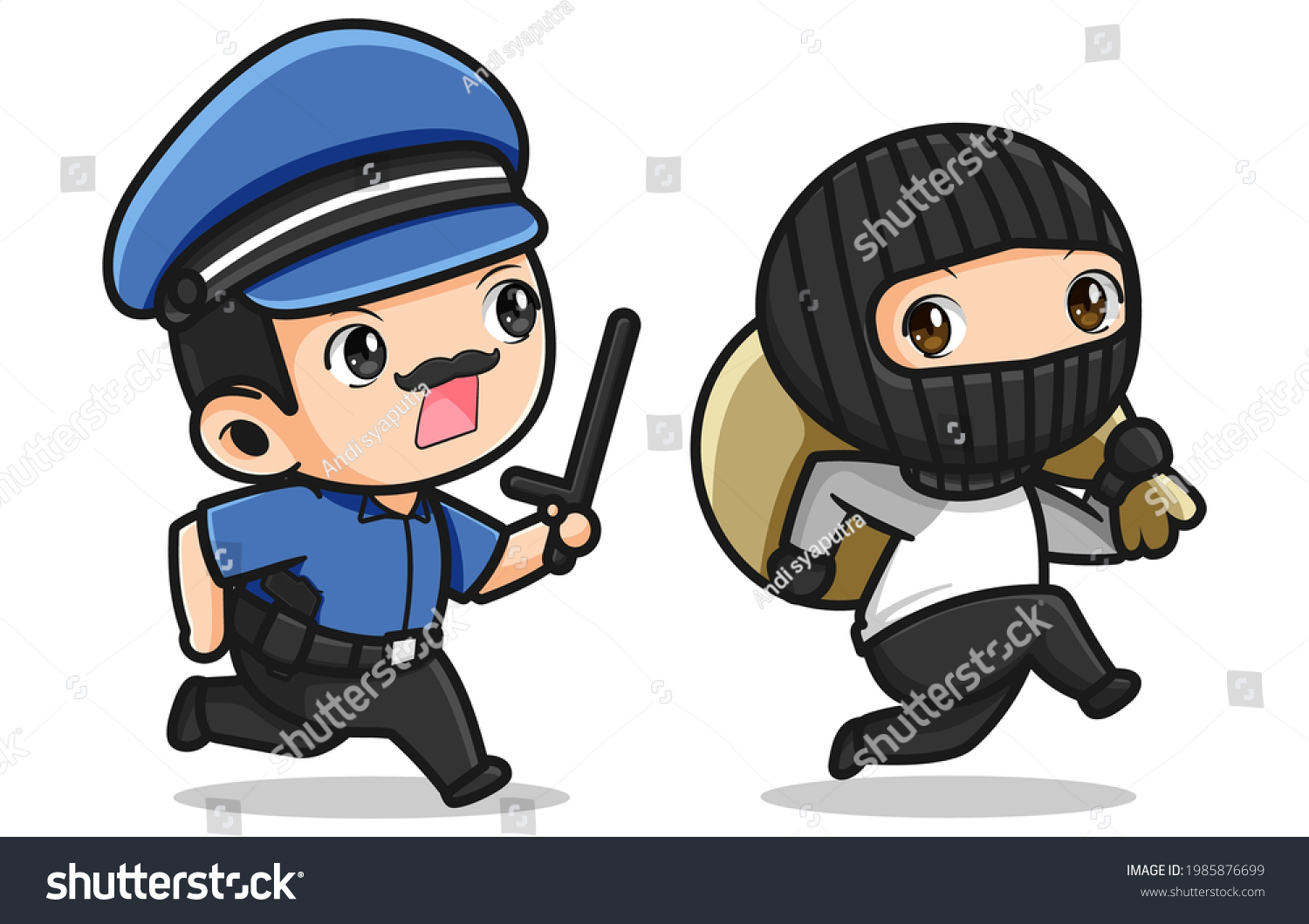Cute Police Chasing Thief Vector Design Stock Vector (Royalty Free ...