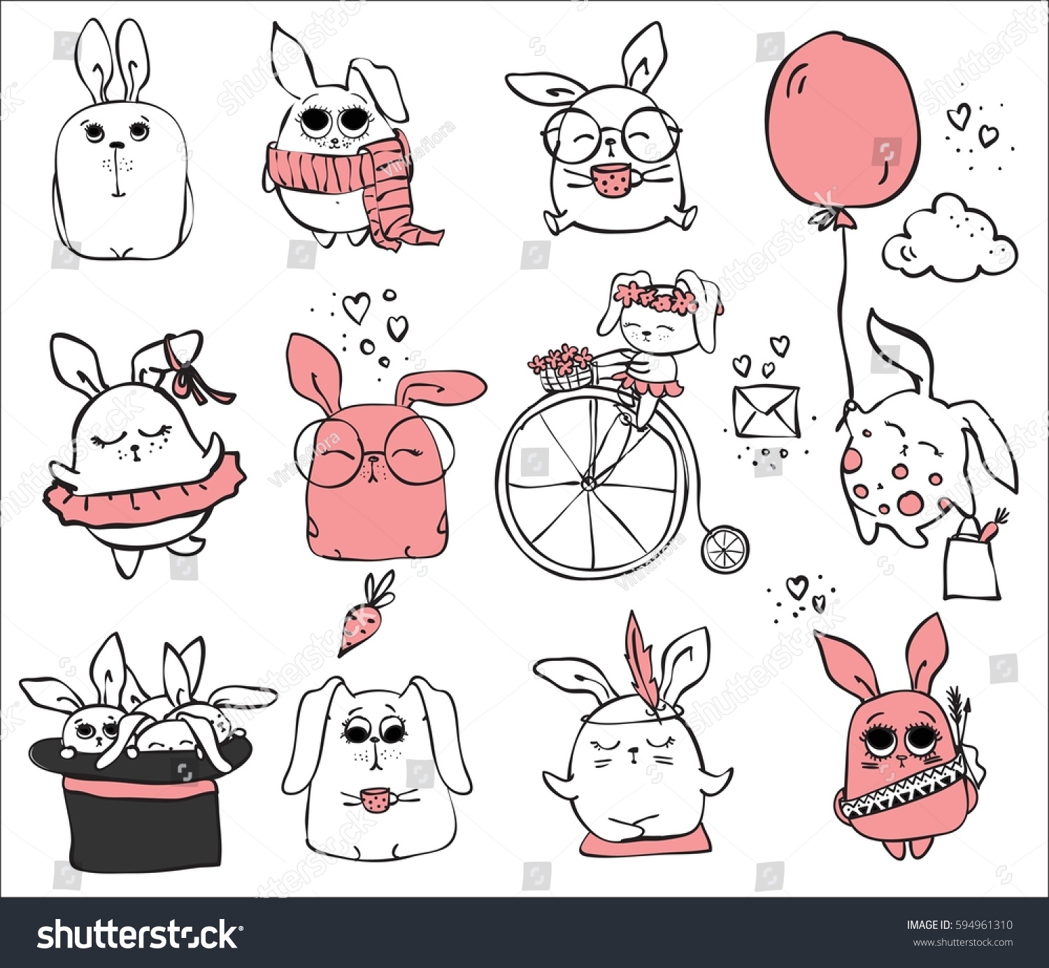 Cute Rabbits Doodle Kid Set Simple: เวกเตอร์สต็อก (ปลอดค่าลิขสิทธิ์