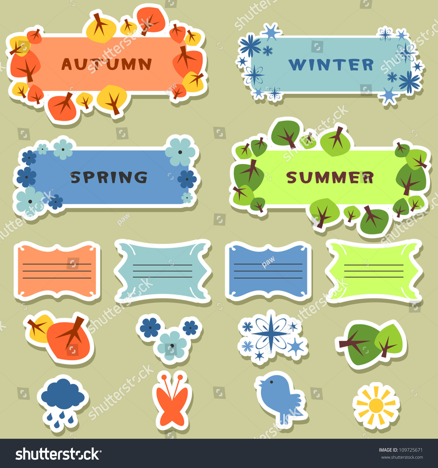 Cute Scrapbook Elements Stickers Four Seasons: เวกเตอร์สต็อก (ปลอดค่า ...