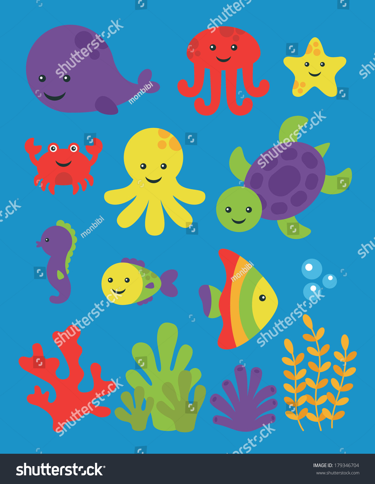 Cute Sea Creatures Set Vector Illustration 스톡 벡터(로열티 프리) 179346704 ...