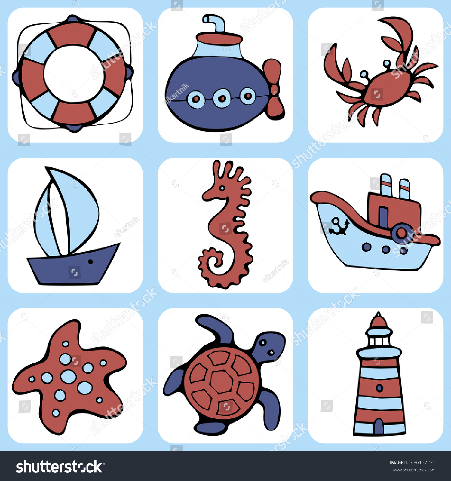 Cute Sea Objects Collection Hand Drawn Stock Vector (Royalty Free ...