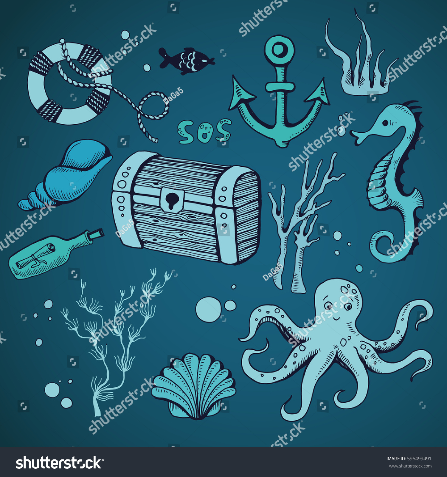 Cute Sea Objects Collection Vector Illustration Stock Vector (Royalty ...
