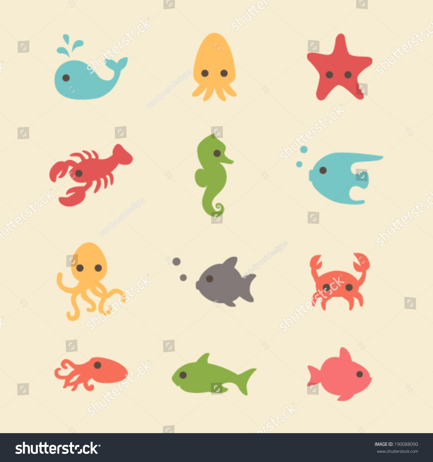 Cute Simple Sea Creatures Stock Vector Illustration 190088090 ...