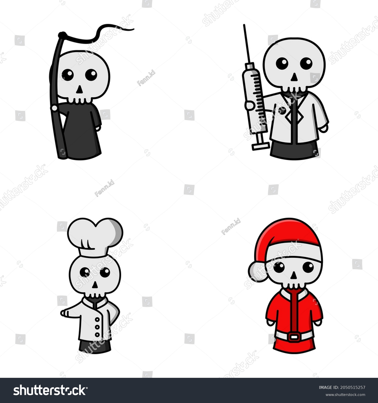 Cute Skull Chibi Mascot Character Set Stock Vector (Royalty Free ...