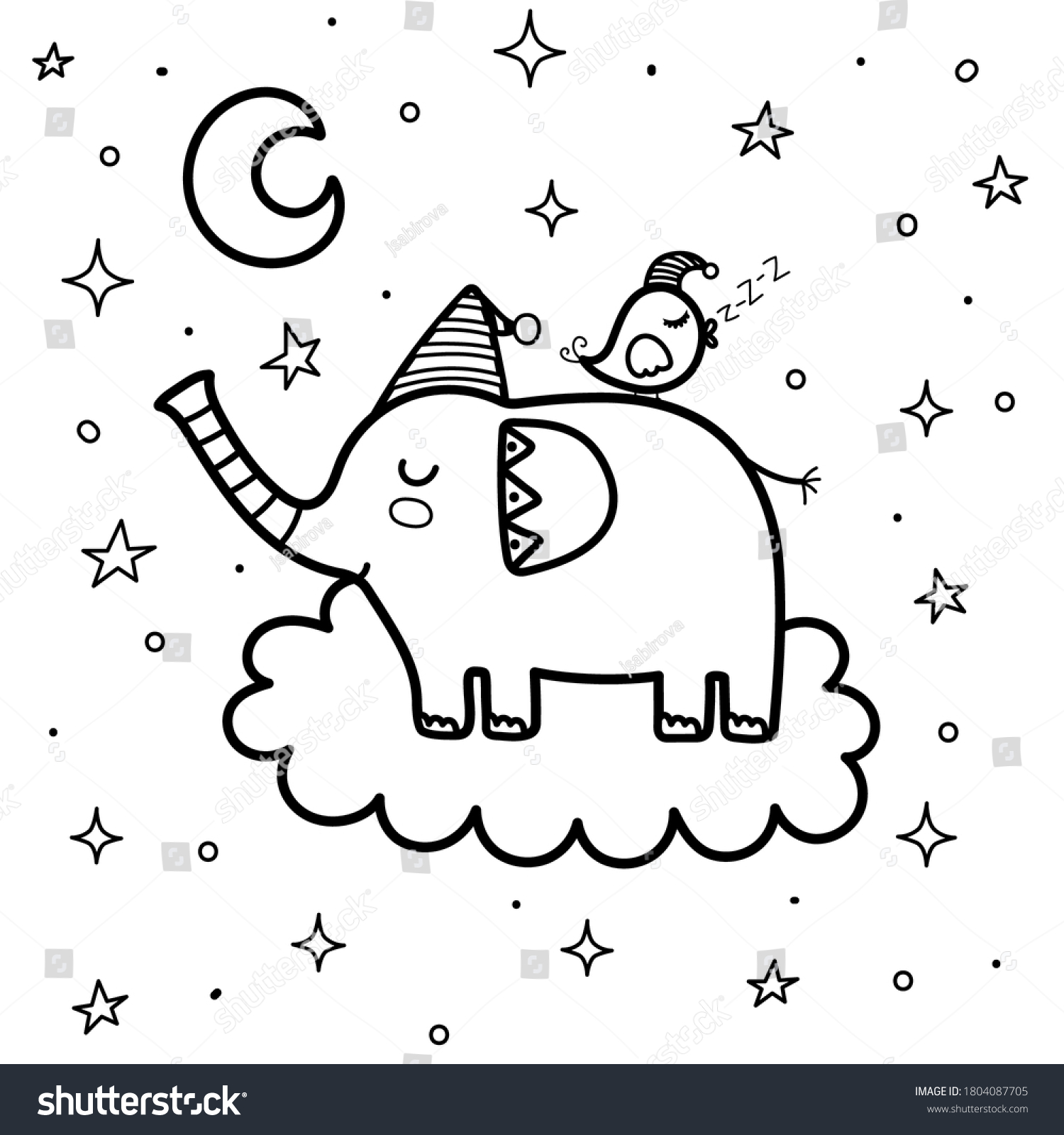 Cute Sleeping Elephant Bird On Cloud Stock Vector (Royalty Free) 1804087705