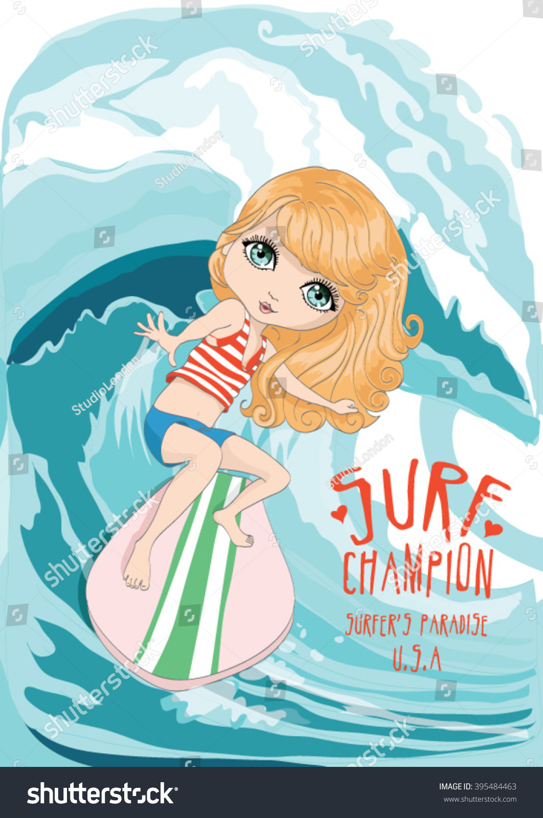 Cute Surfer Girl Vector Design Stock Vector (Royalty Free) 395484463