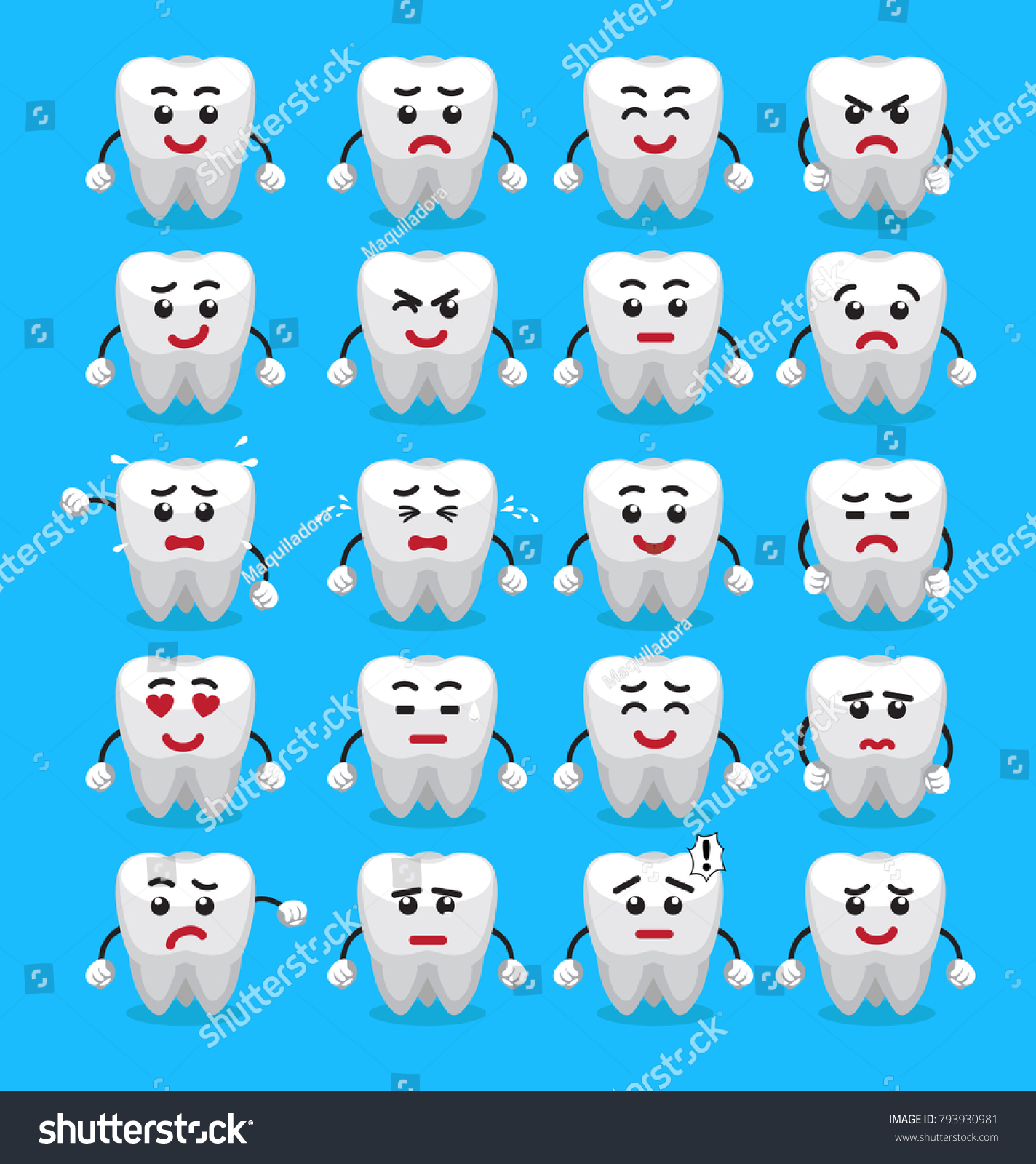 Cute Teeth Cartoon Emotion Faces Vector Stock Vector (Royalty Free ...
