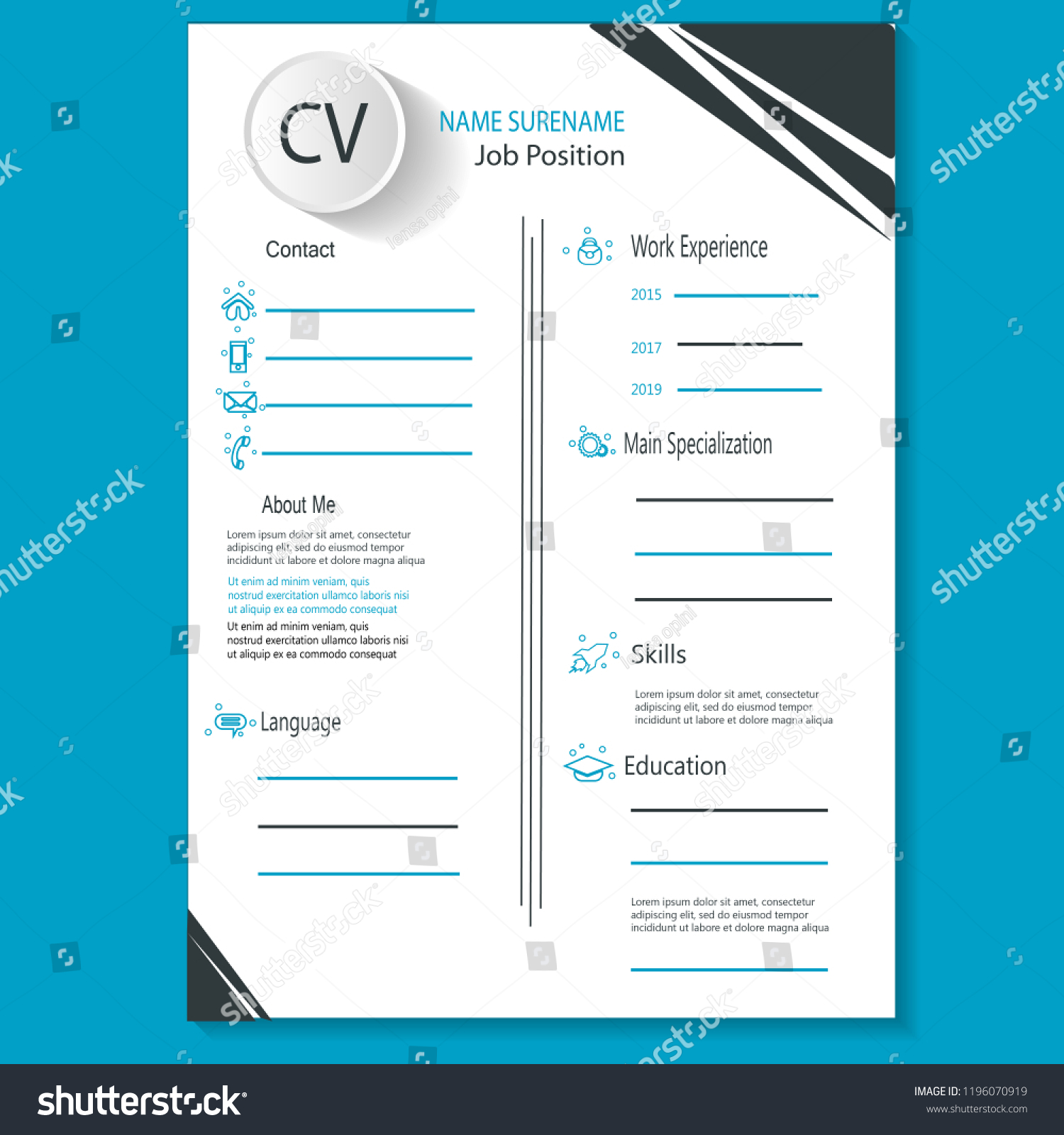 Cv Resume Template Vector Stock Vector (Royalty Free) 1196070919 ...