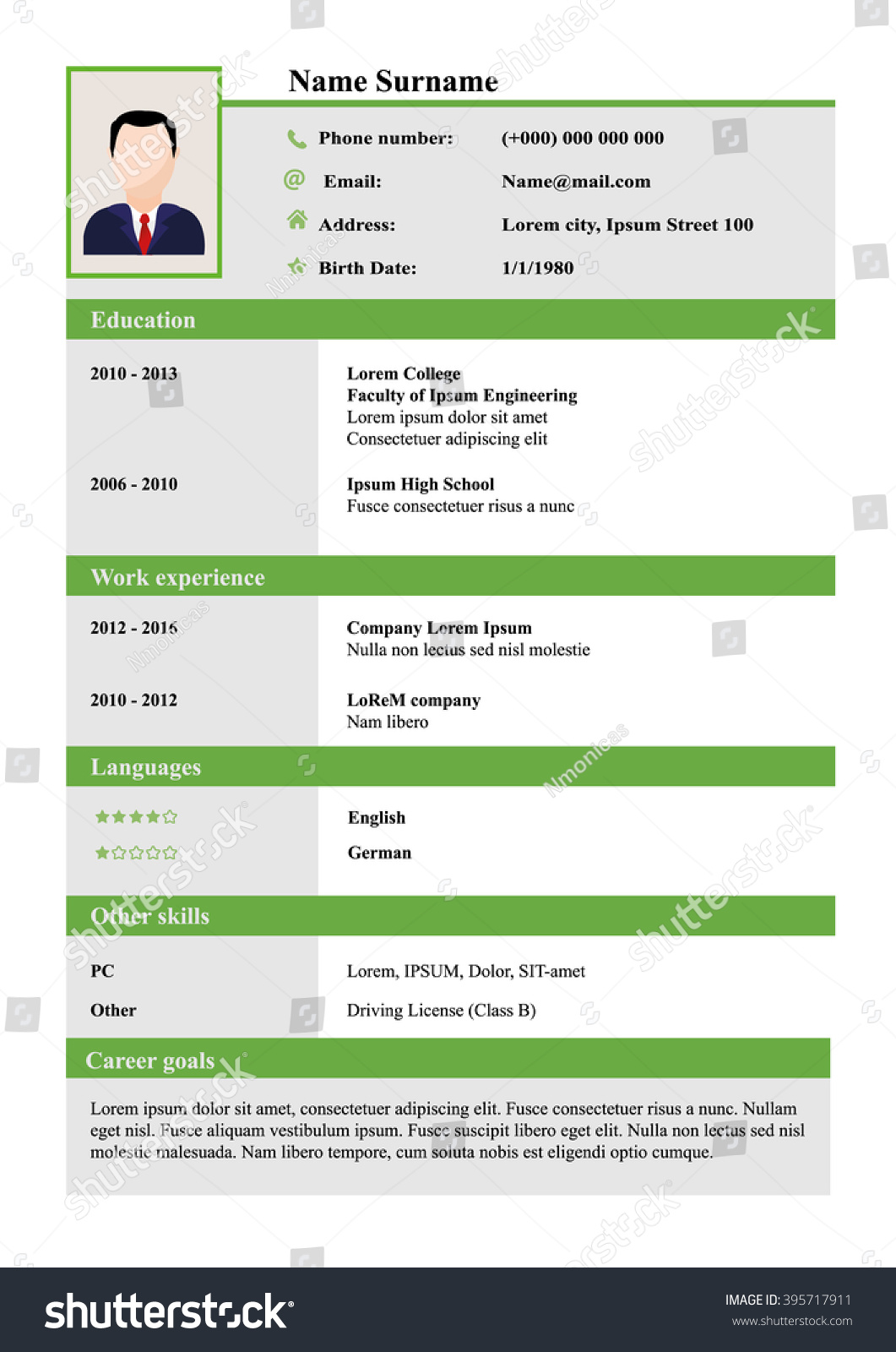 Cv Template Green Stock Vector (Royalty Free) 395717911